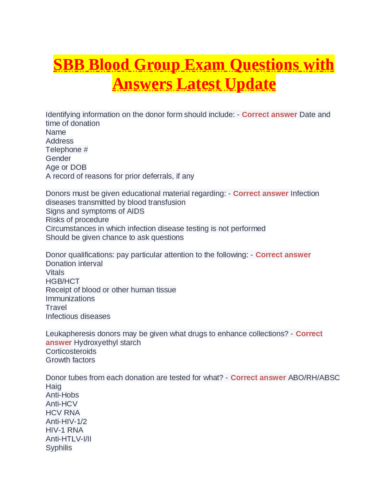 SBB Blood Group Exam Questions and Answers | Exams Nursing | Docsity