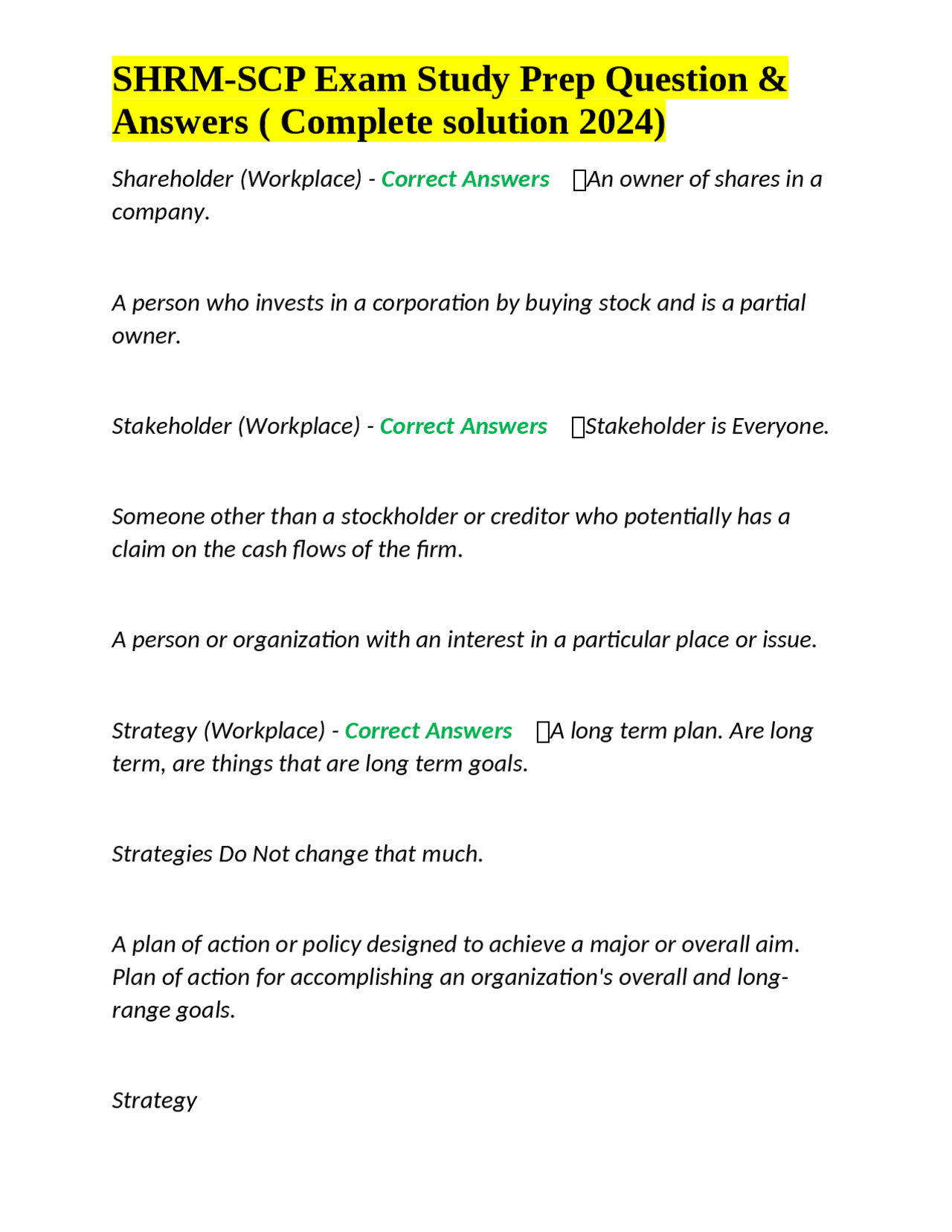 SHRM-SCP Exam Study Prep Question & Answers ( Complete solution 2024) | Exams Nursing | Docsity