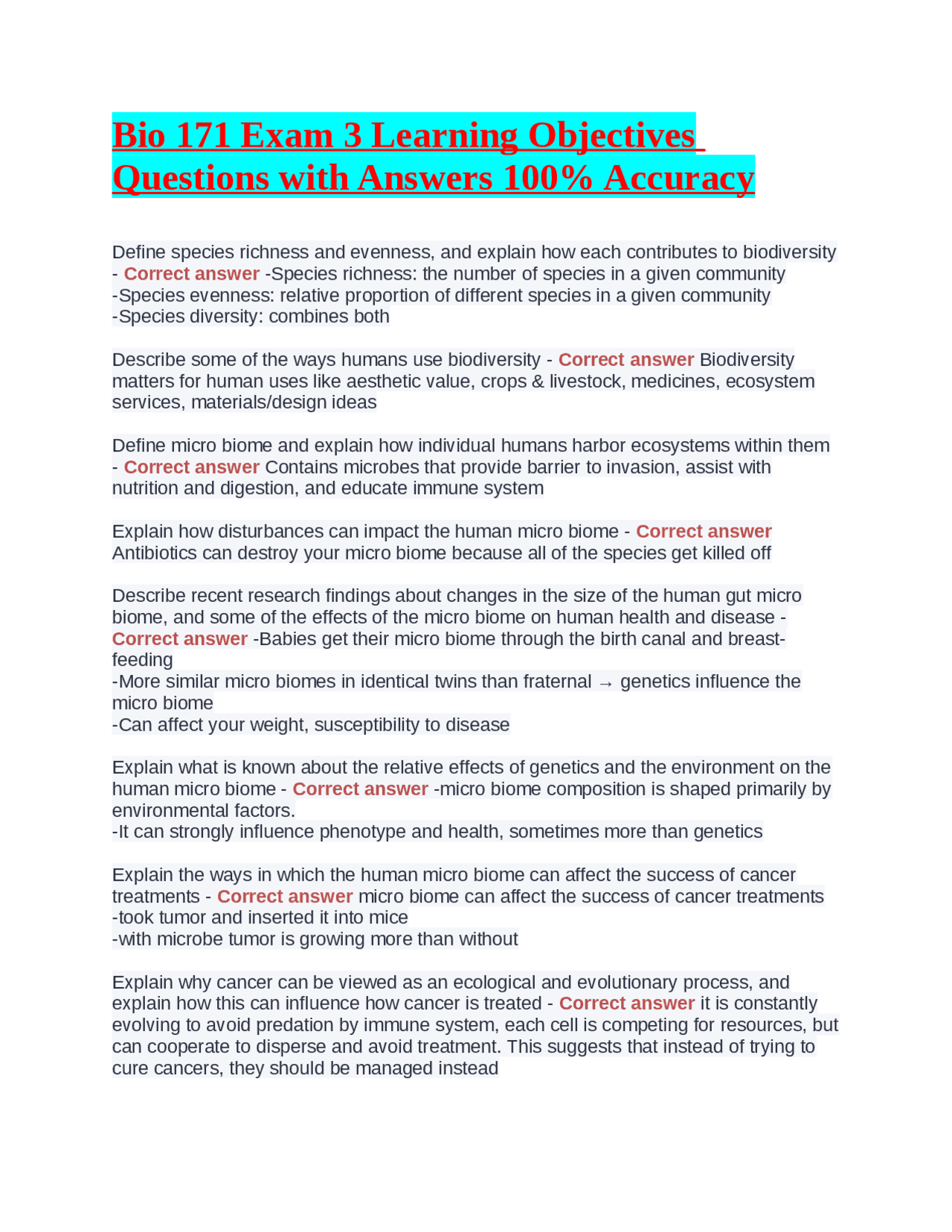 Bio 171 Exam 3 Learning Objectives Questions with Answers 100% Accuracy ...