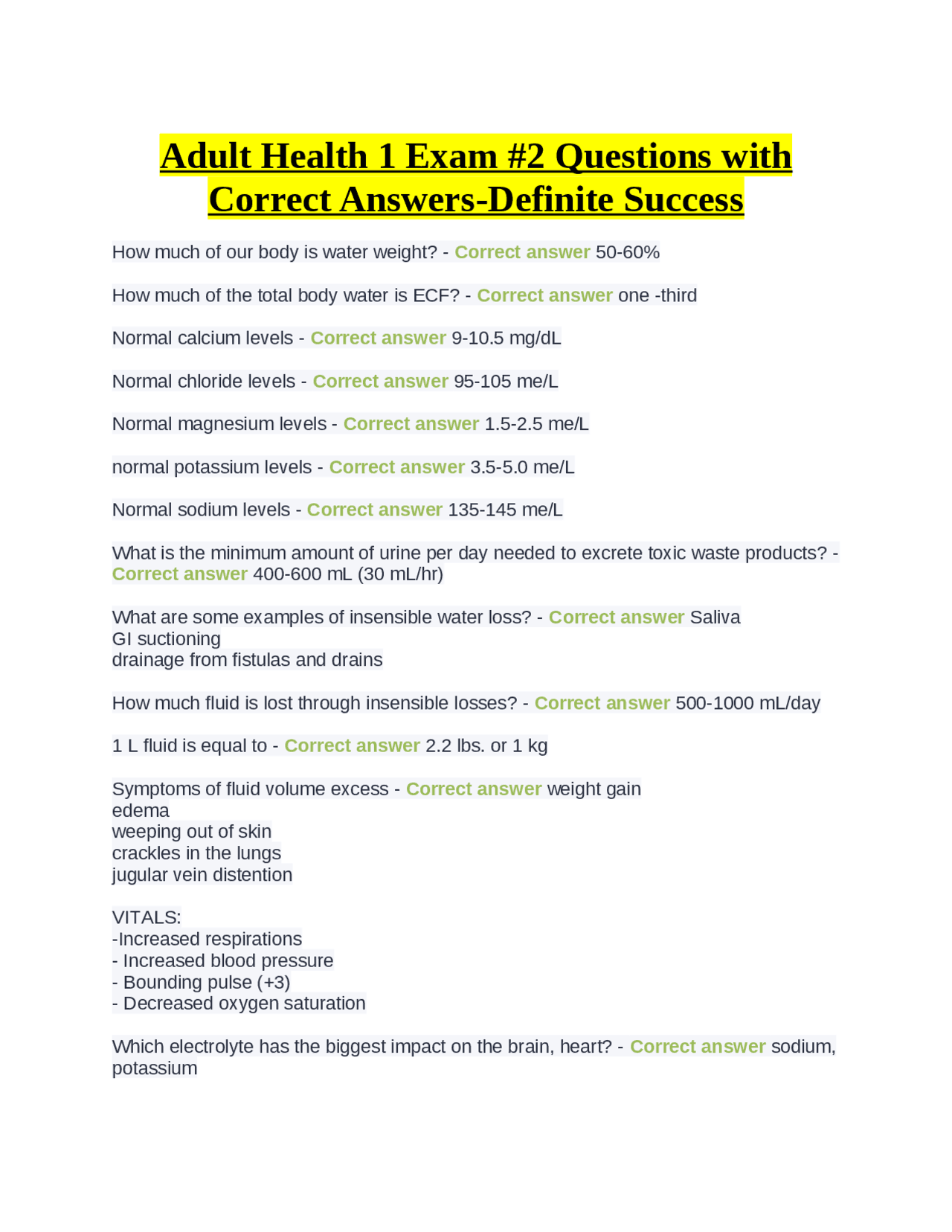 Adult Health 1 Exam #2 Questions with Correct Answers-Definite Success ...