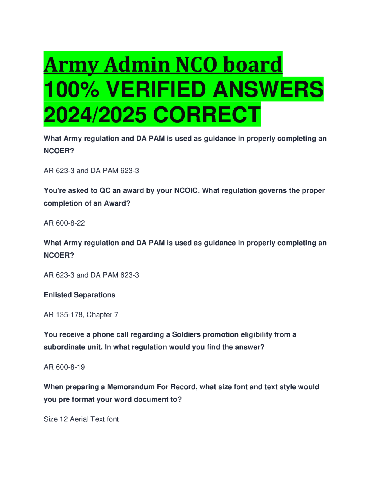 Army Admin NCO board 100% VERIFIED ANSWERS 2024/2025 CORRECT | Exams ...