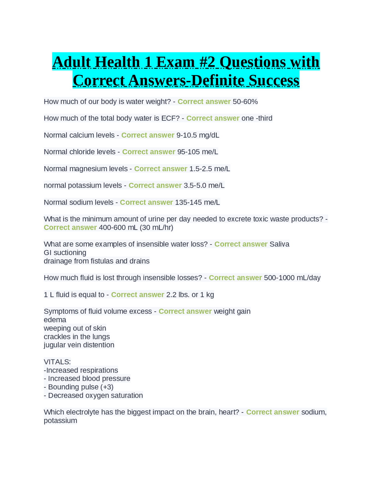 Adult Health 1 Exam #2 Questions with Correct Answers-Definite Success ...