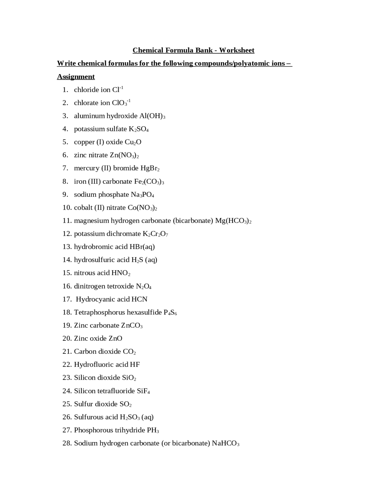 Chemical Formula Bank - Worksheet | Cheat Sheet Family and Consumer ...