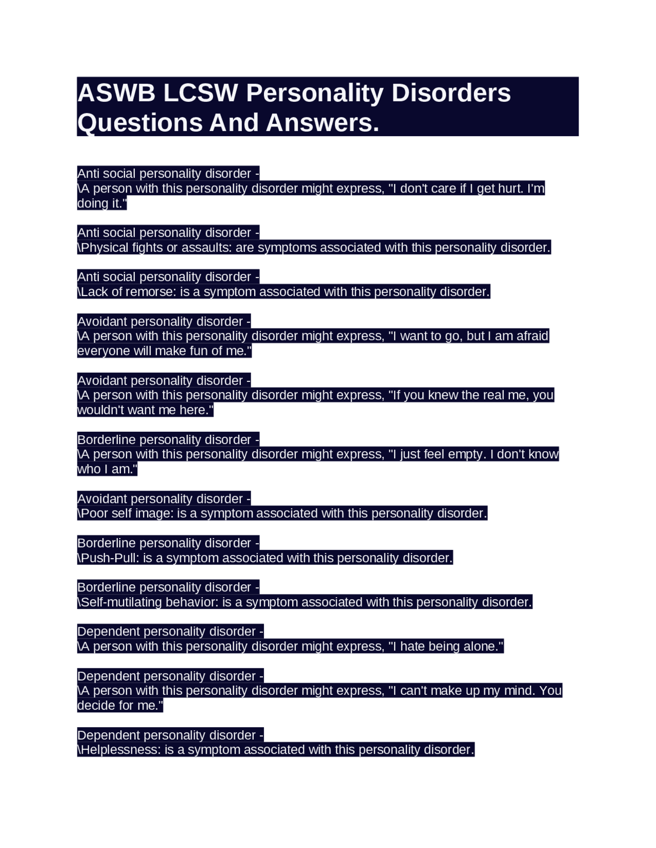 ASWB LCSW Personality Disorders Questions And Answers. | Exams Social ...