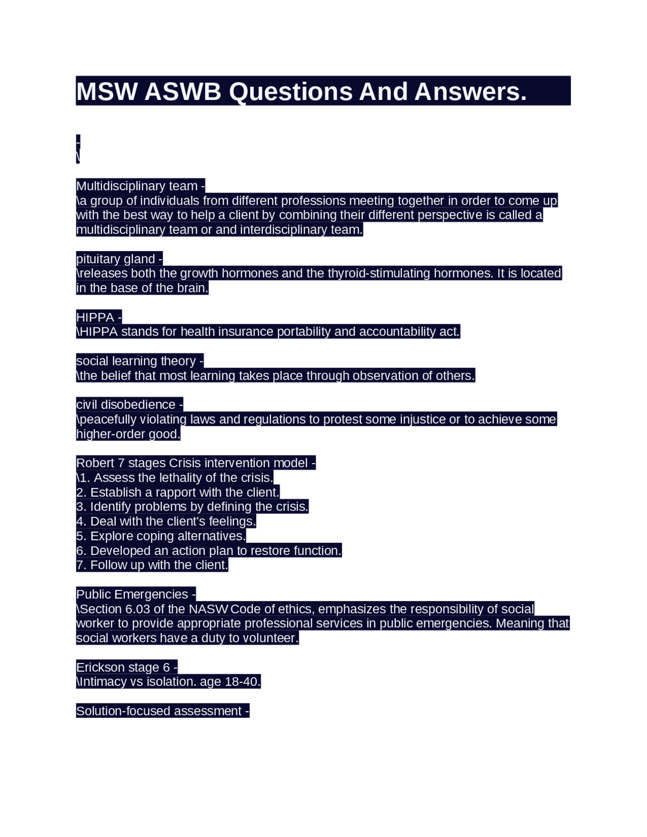 MSW ASWB Questions And Answers. | Exams Social Work | Docsity