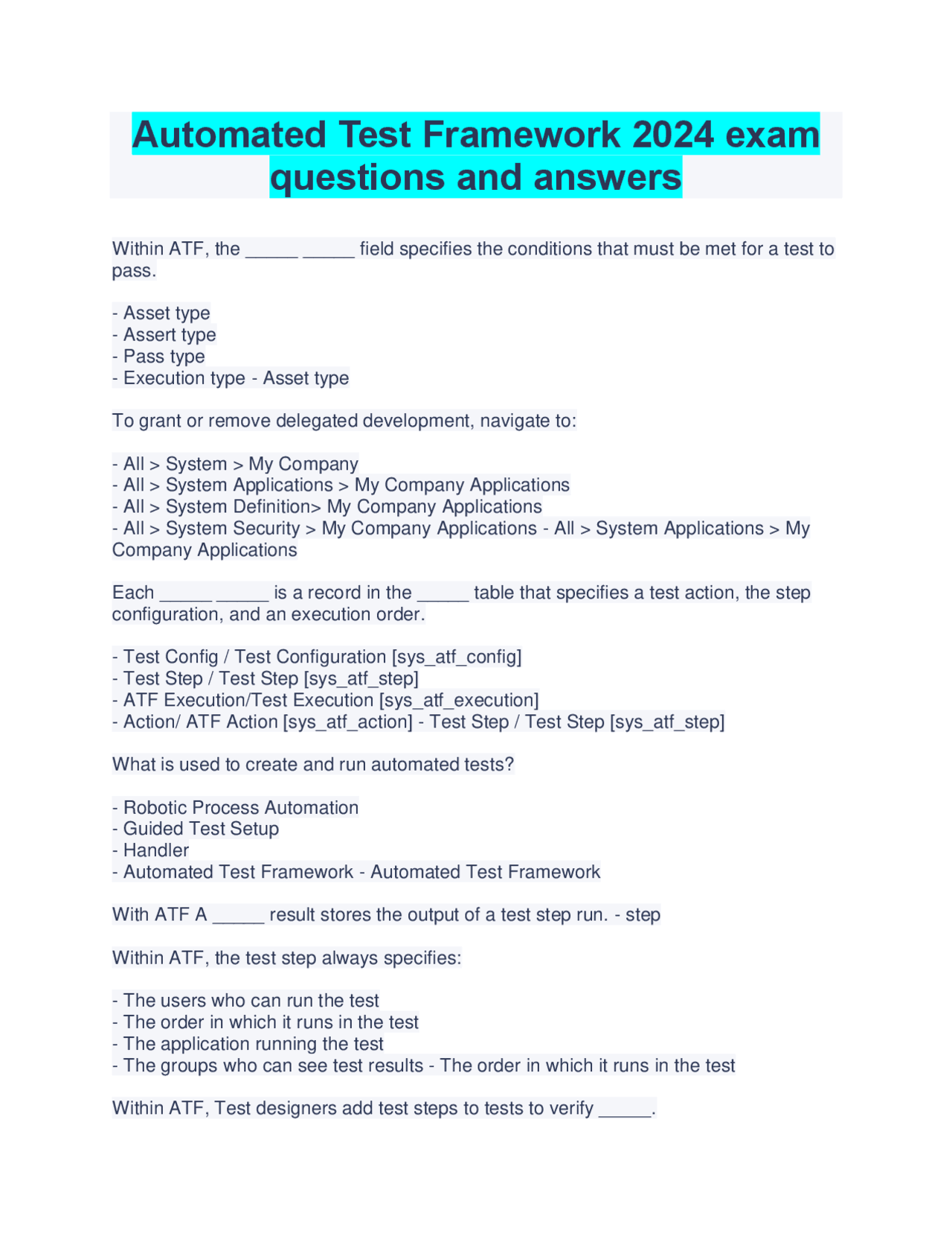 Automated Test Framework 2024 exam questions and answers | Exams ...