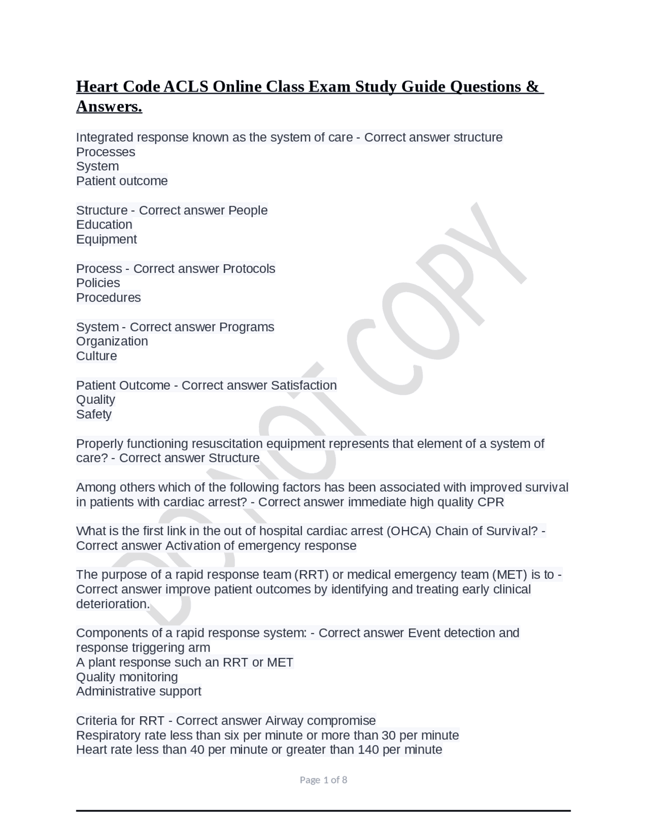 Heart Code ACLS Online Class Exam Study Guide Questions & Answers ...