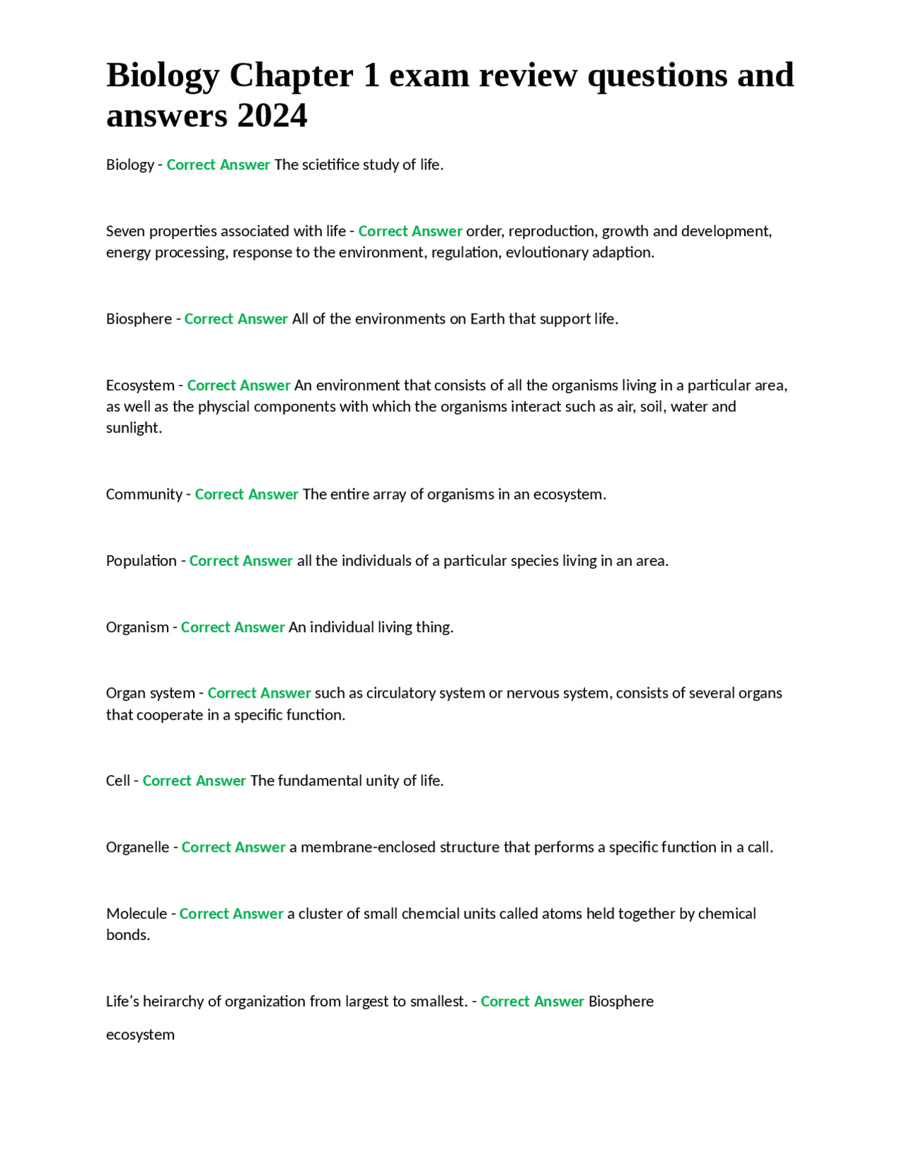 Biology Chapter 1 Review Questions and Answers 2024 | Exams Biology ...