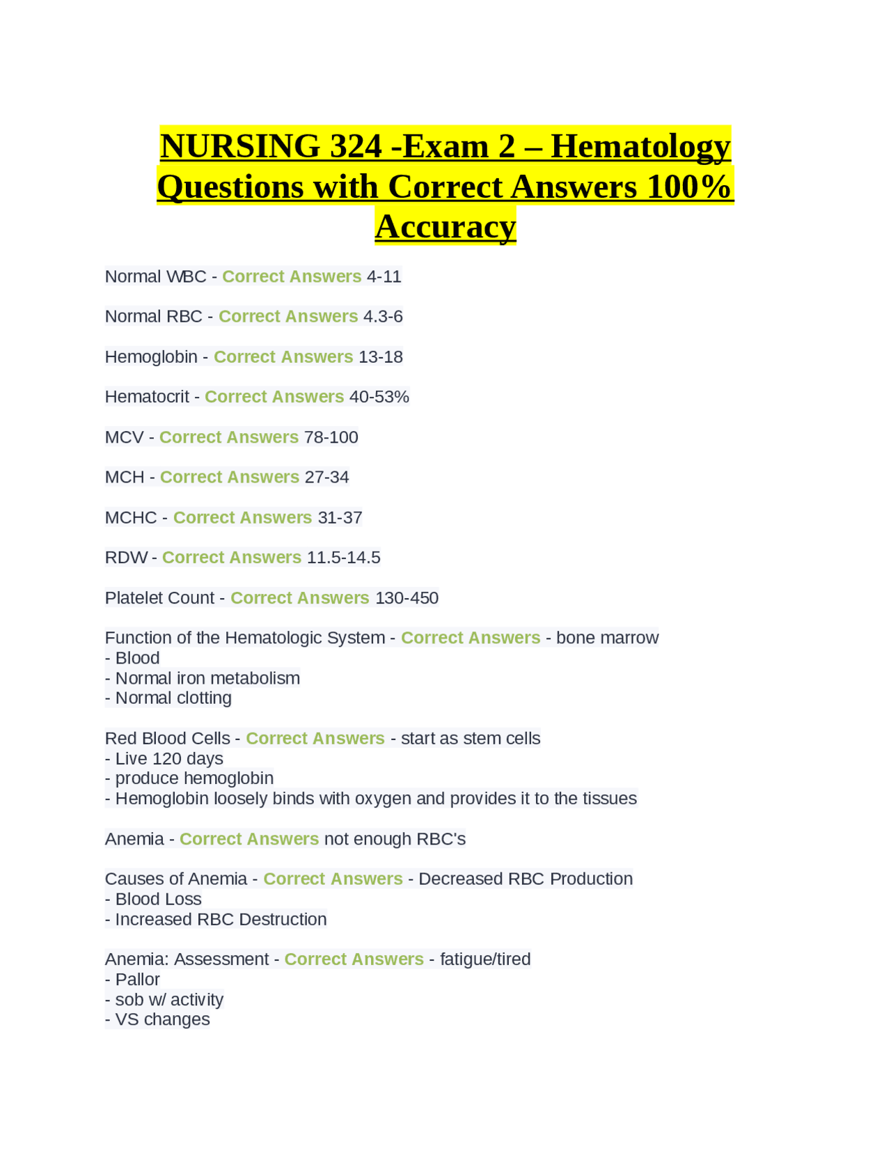 NURSING 324 -Exam 2 – Hematology Questions with Correct Answers 100% ...