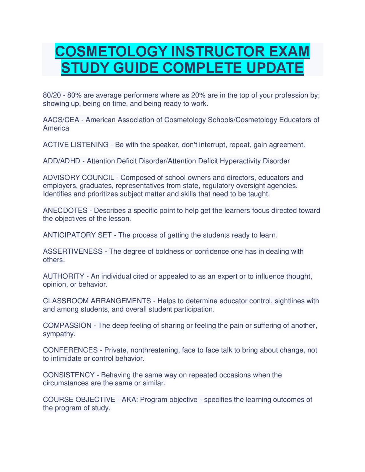 COSMETOLOGY INSTRUCTOR EXAM STUDY GUIDE COMPLETE UPDATE | Exams ...