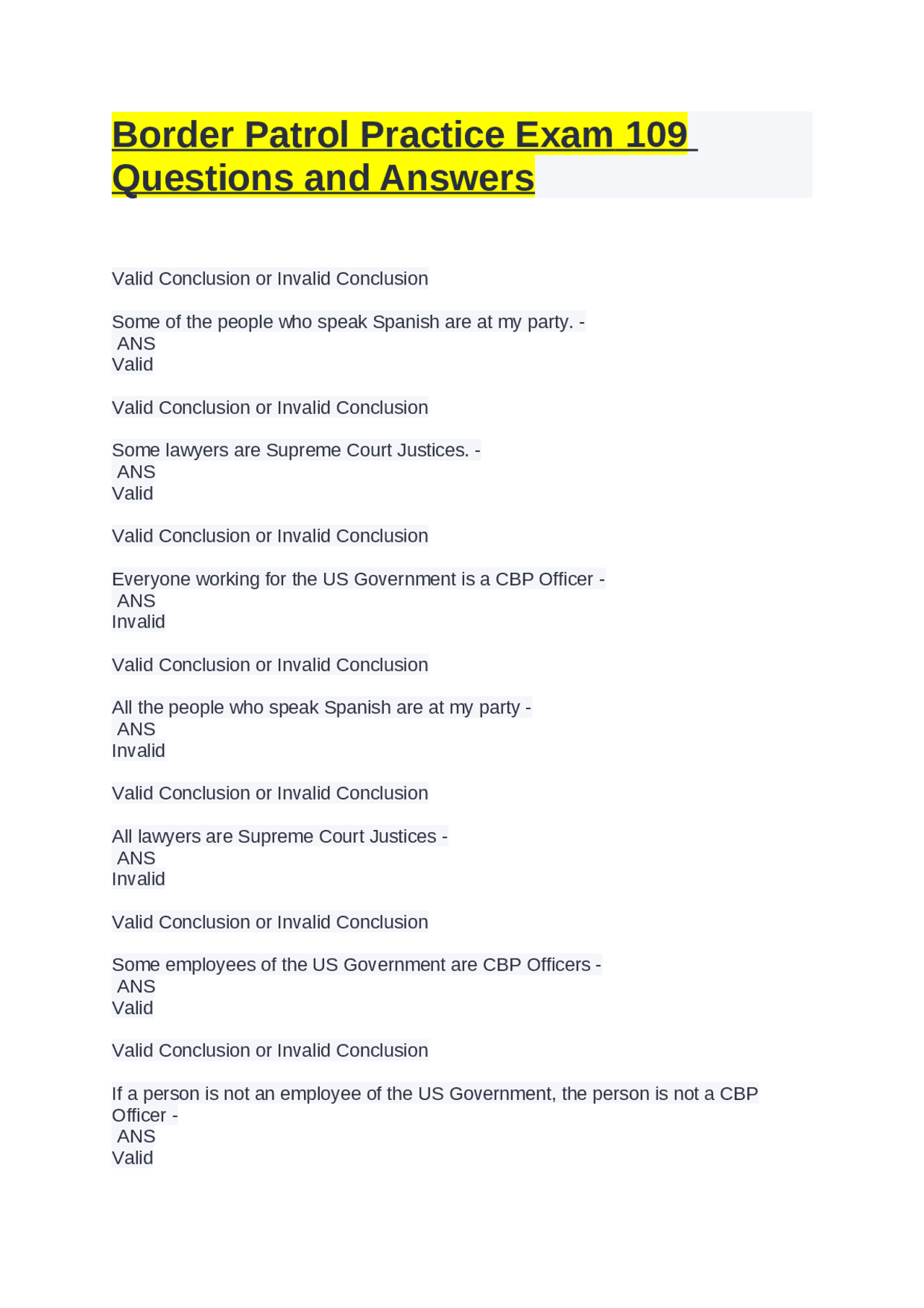 Border Patrol Practice Exam 109 Questions and Answers | Exams ...