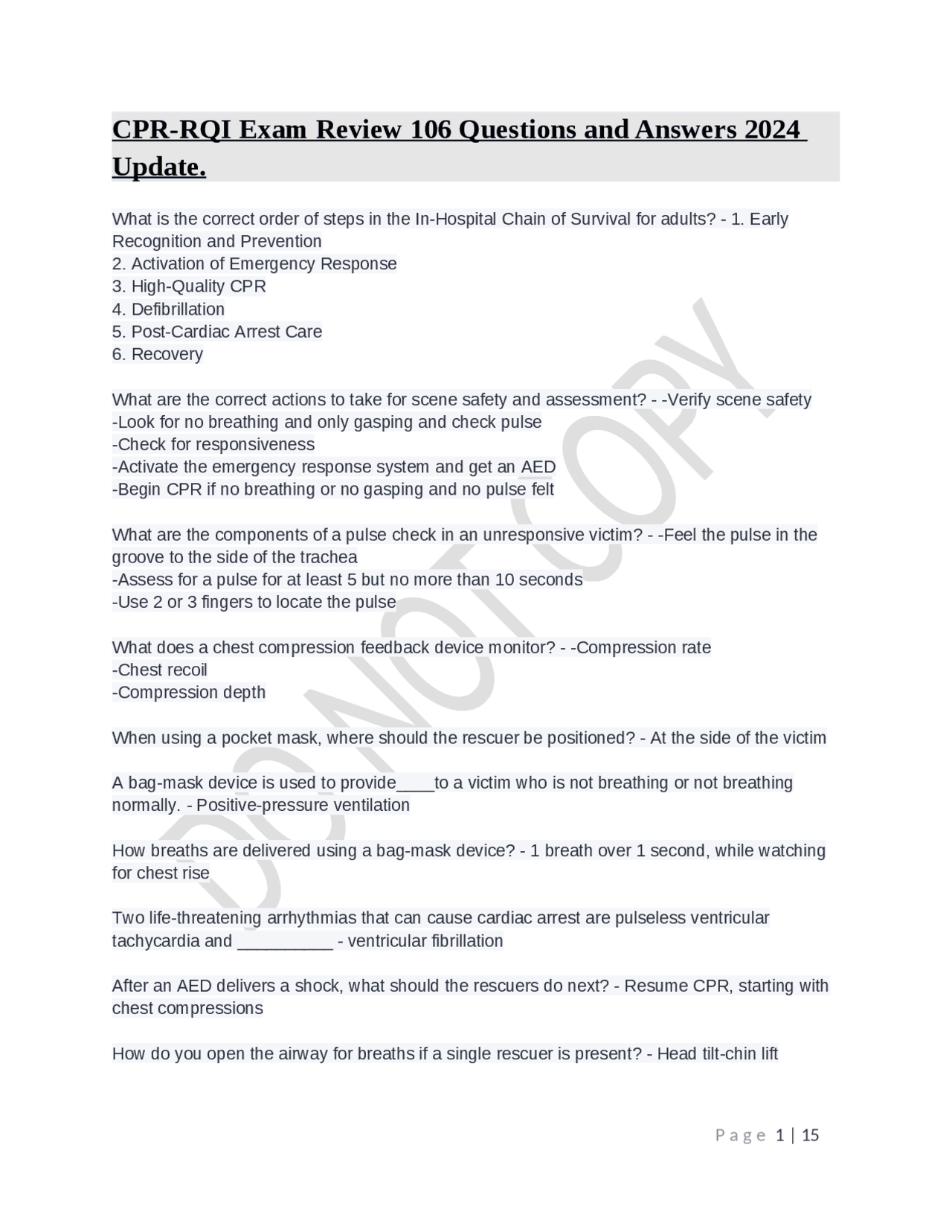 CPR-RQI Exam Review 106 Questions and Answers 2024 Update. | Exams ...