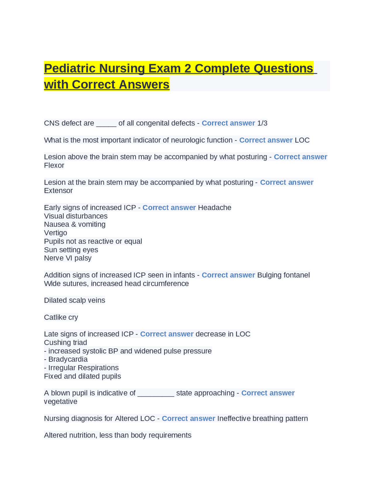 Pediatric Nursing Exam 2 Complete Questions with Correct Answers | Exams Nursing | Docsity