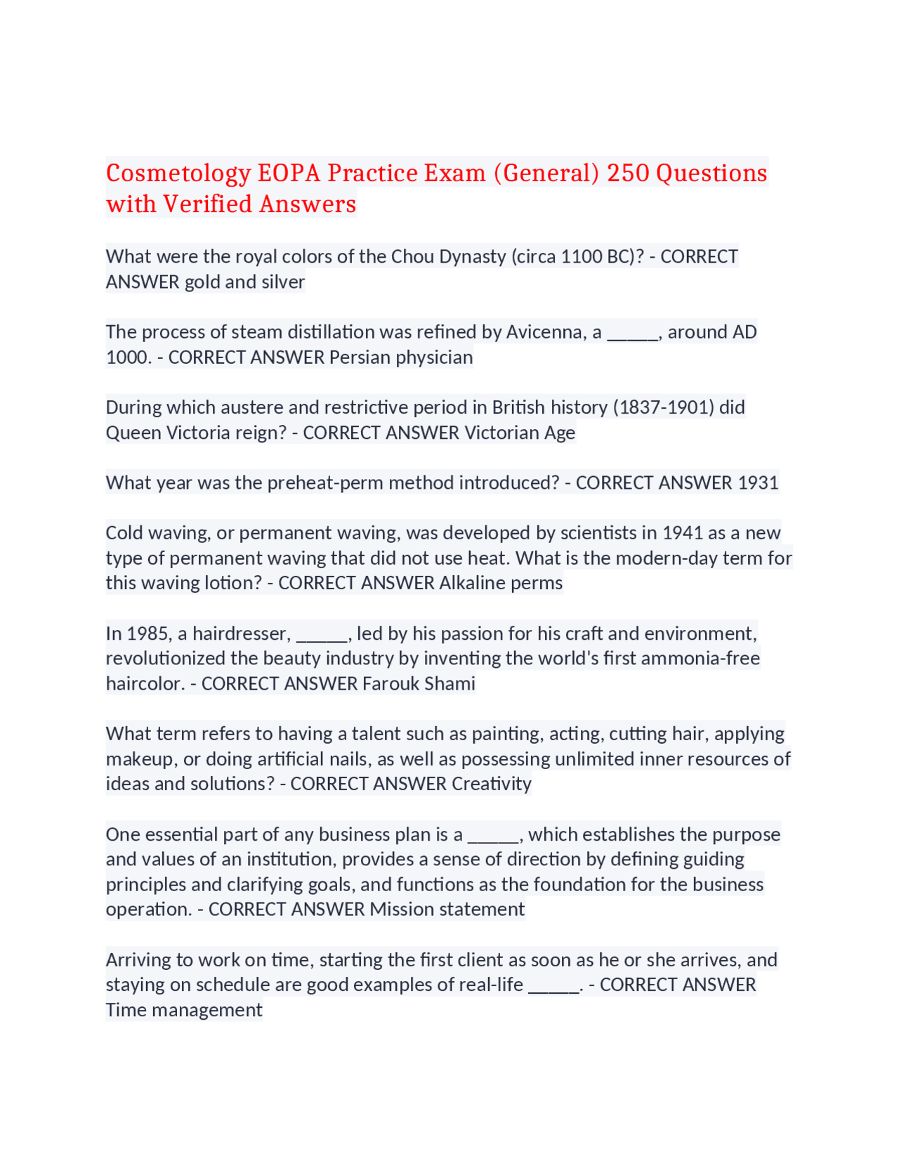 Cosmetology EOPA Practice Exam (General) 250 Questions with Verified ...