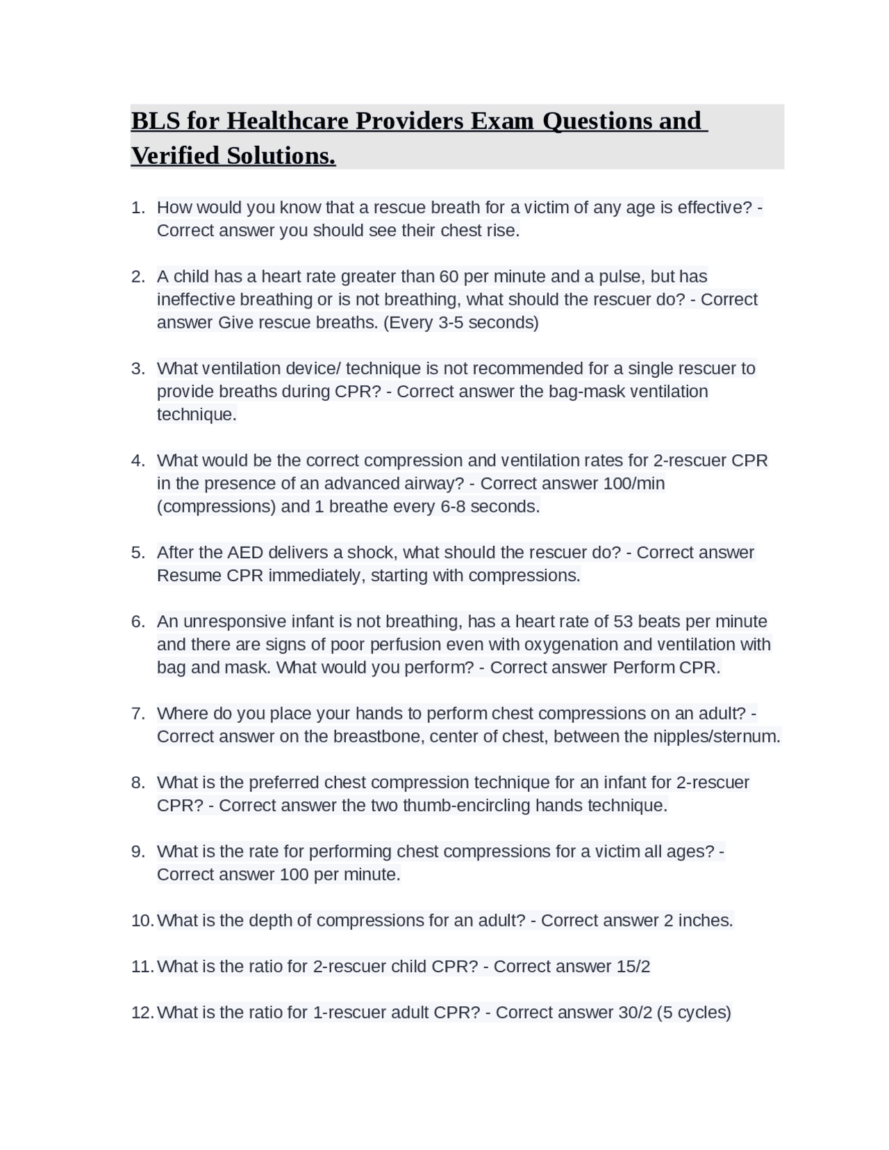 BLS for Healthcare Providers Exam Questions and Verified Solutions ...
