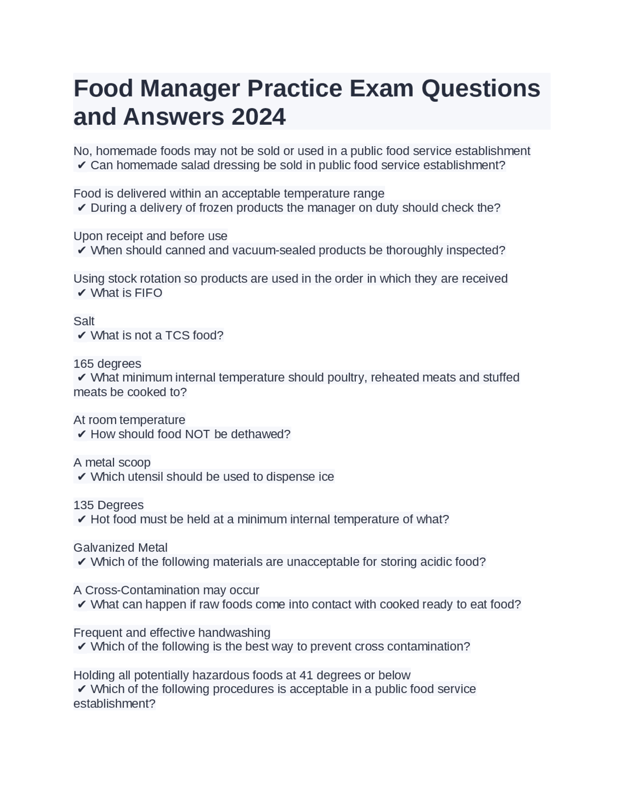 Food Manager Practice Exam Questions and Answers 2024 | Exams Nursing ...