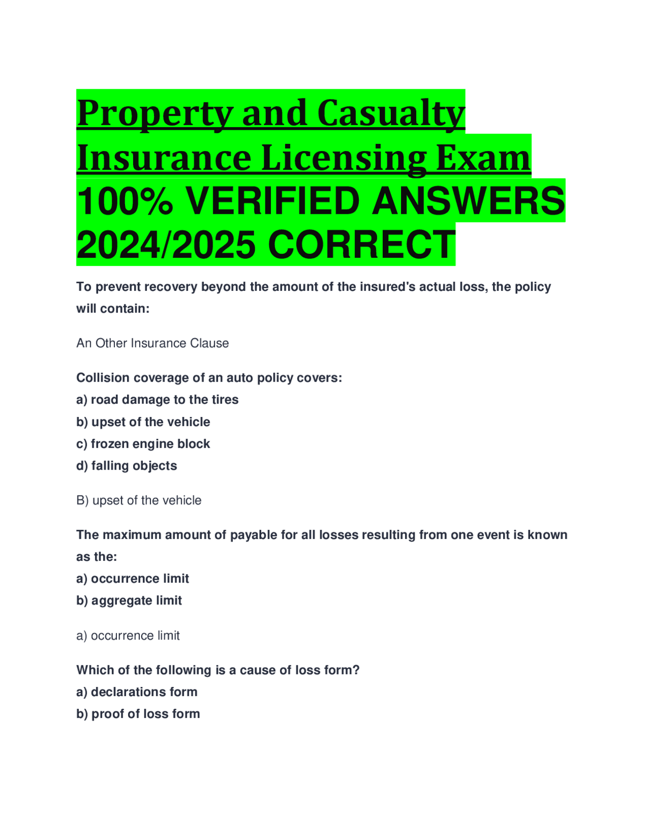 Property and Casualty Insurance Licensing Exam 100% VERIFIED ANSWERS ...