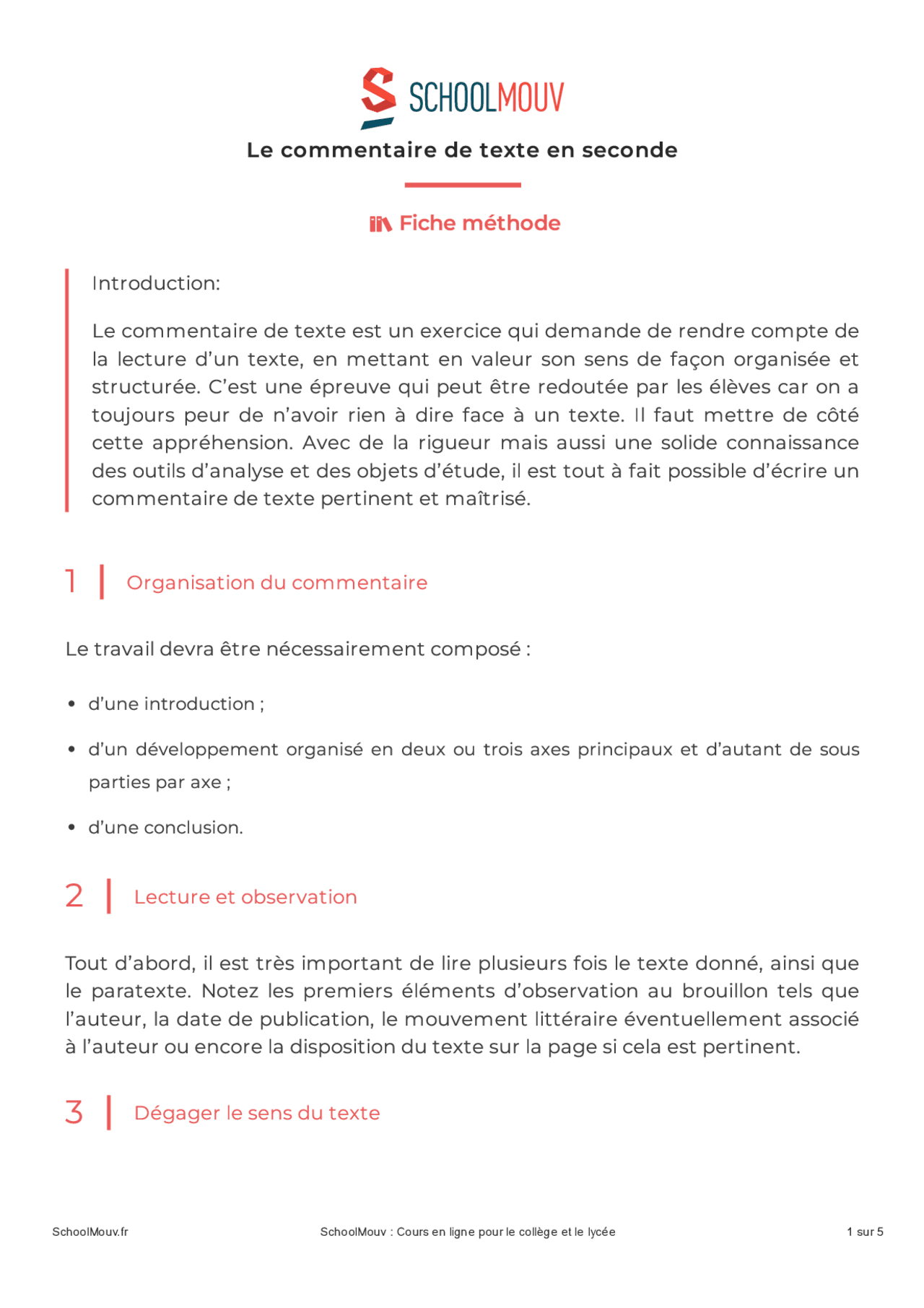 Le commentaire de texte en seconde | Lecture notes Literature | Docsity