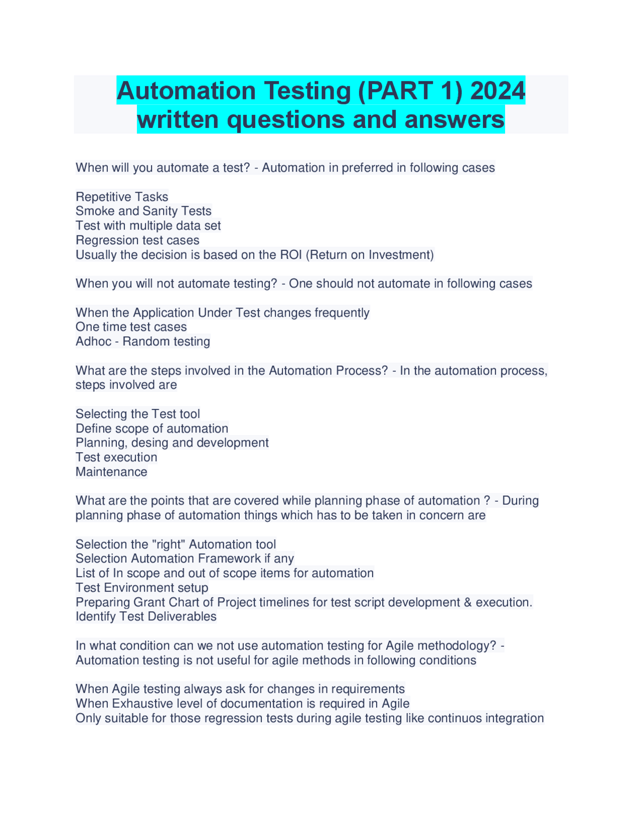 Automation Testing (PART 1) 2024 written questions and answers | Exams ...