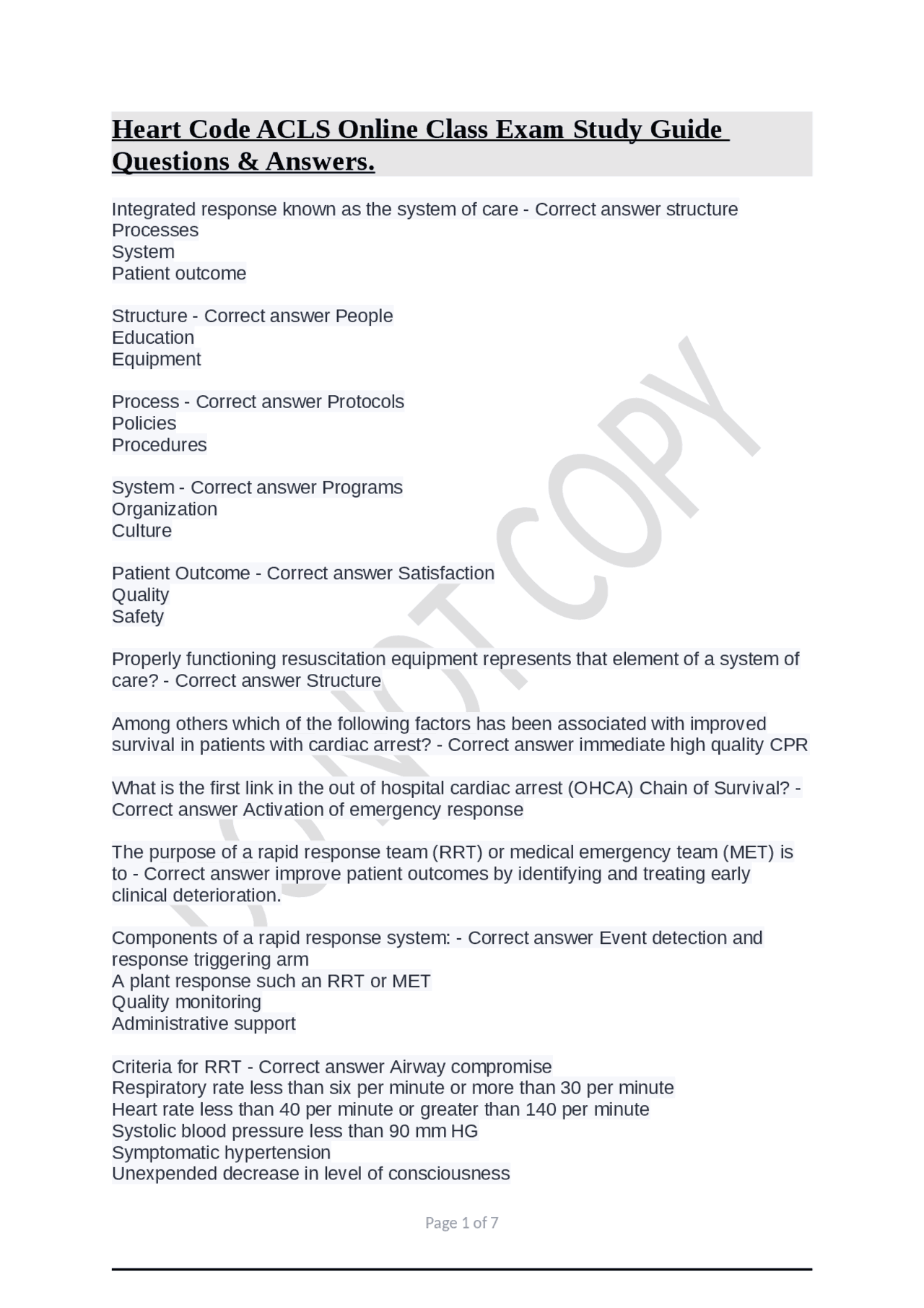 Heart Code ACLS Online Class Exam Study Guide Questions & Answers ...