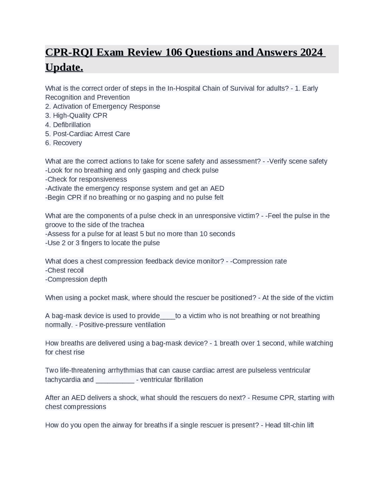 CPR-RQI Exam Review 106 Questions and Answers 2024 Update. | Exams ...