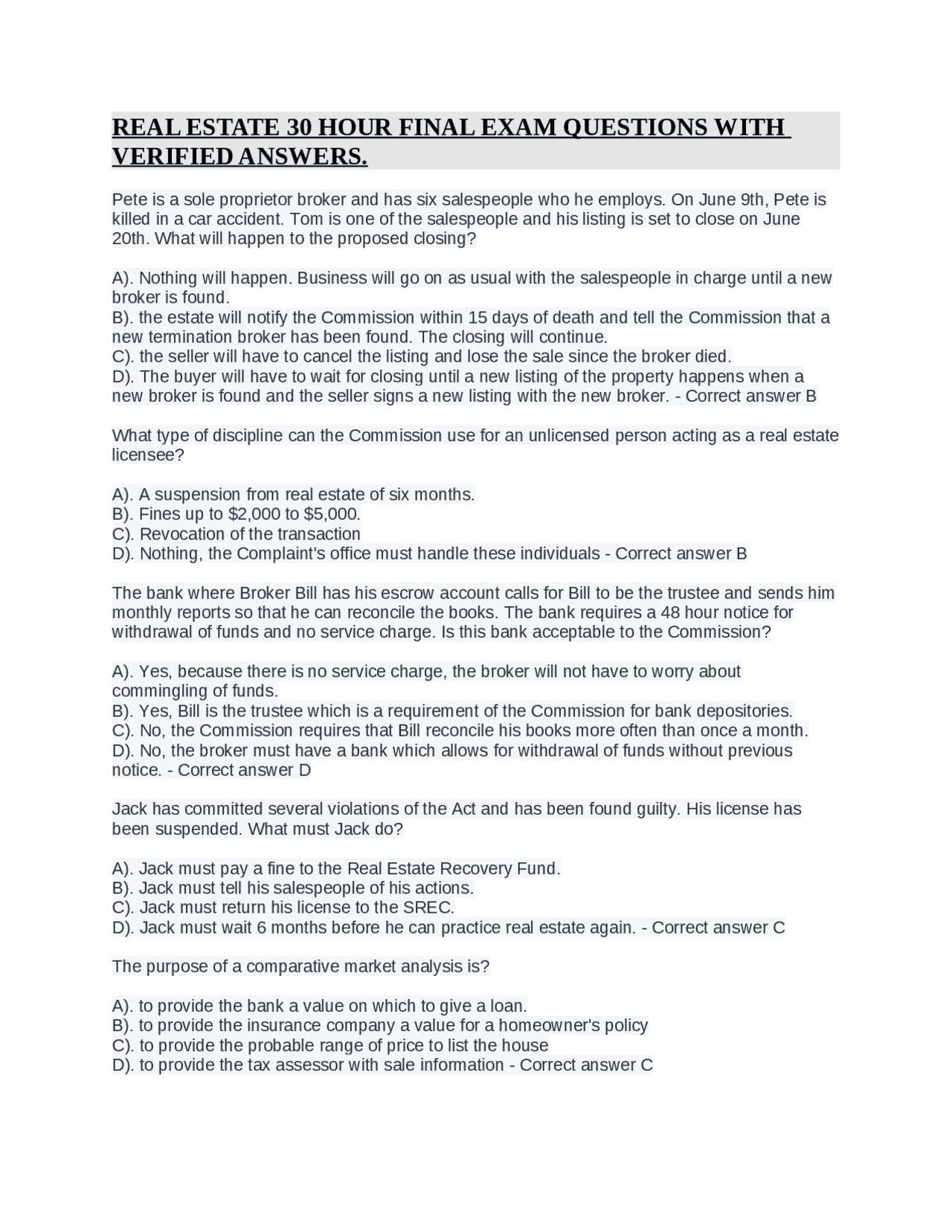 Real Estate Brokerage and Contract Law Exam Questions | Exams Real ...