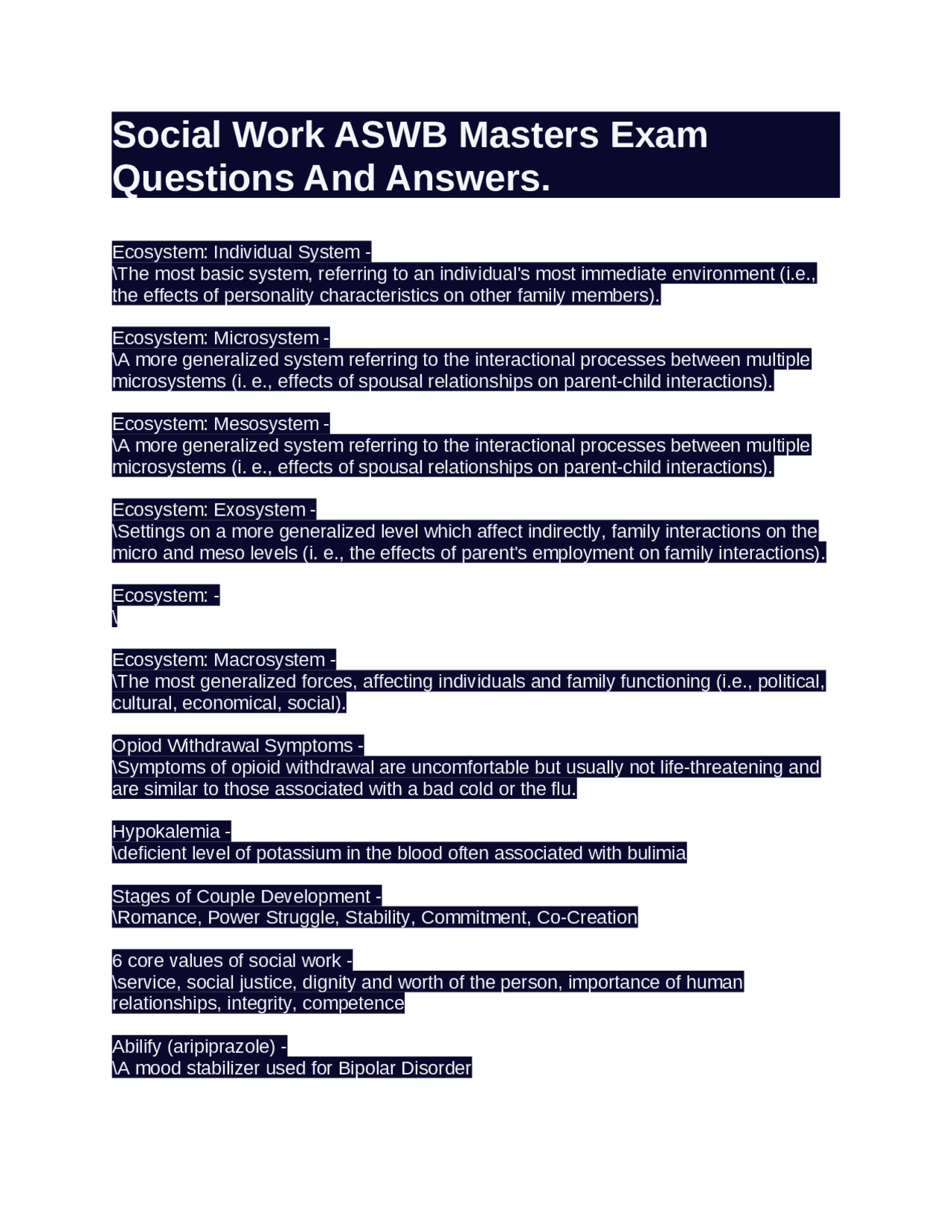 Social Work ASWB Masters Exam Questions And Answers. | Exams Social ...