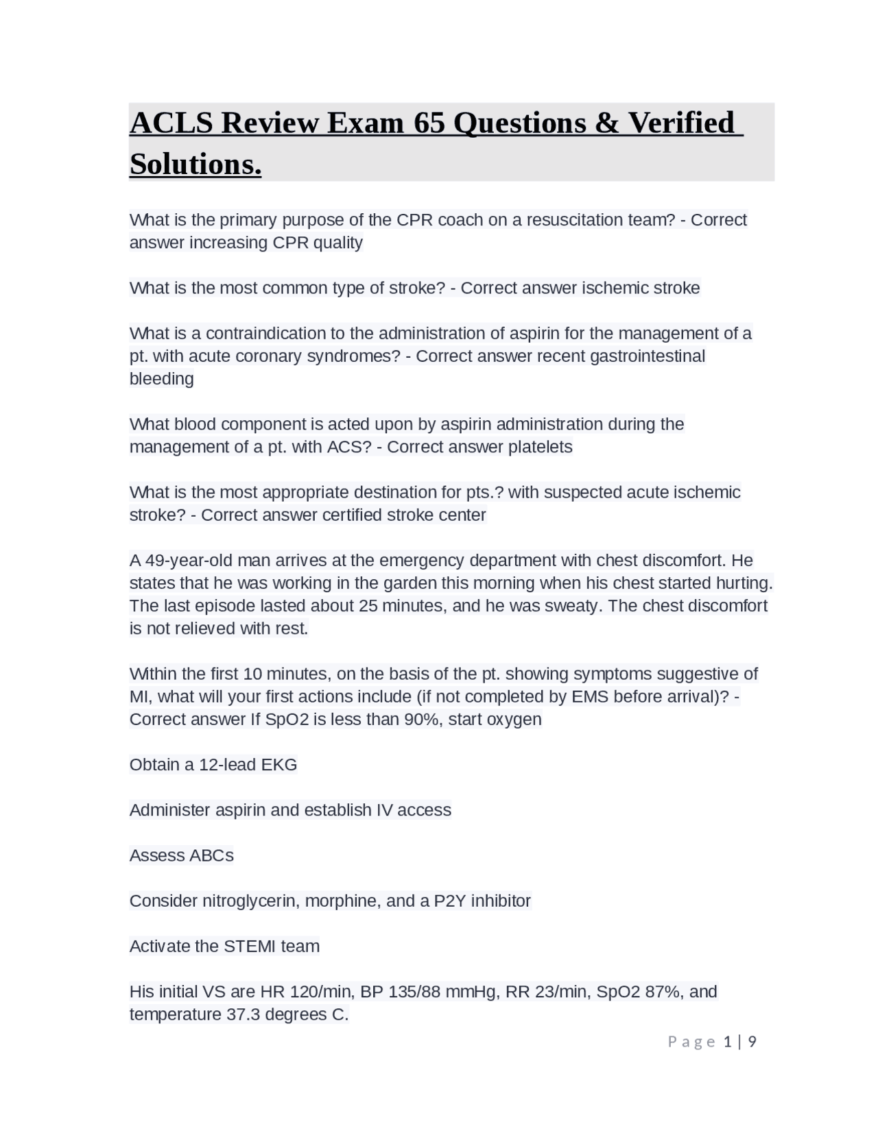 ACLS Review Exam 65 Questions & Verified Solutions. | Exams Public ...