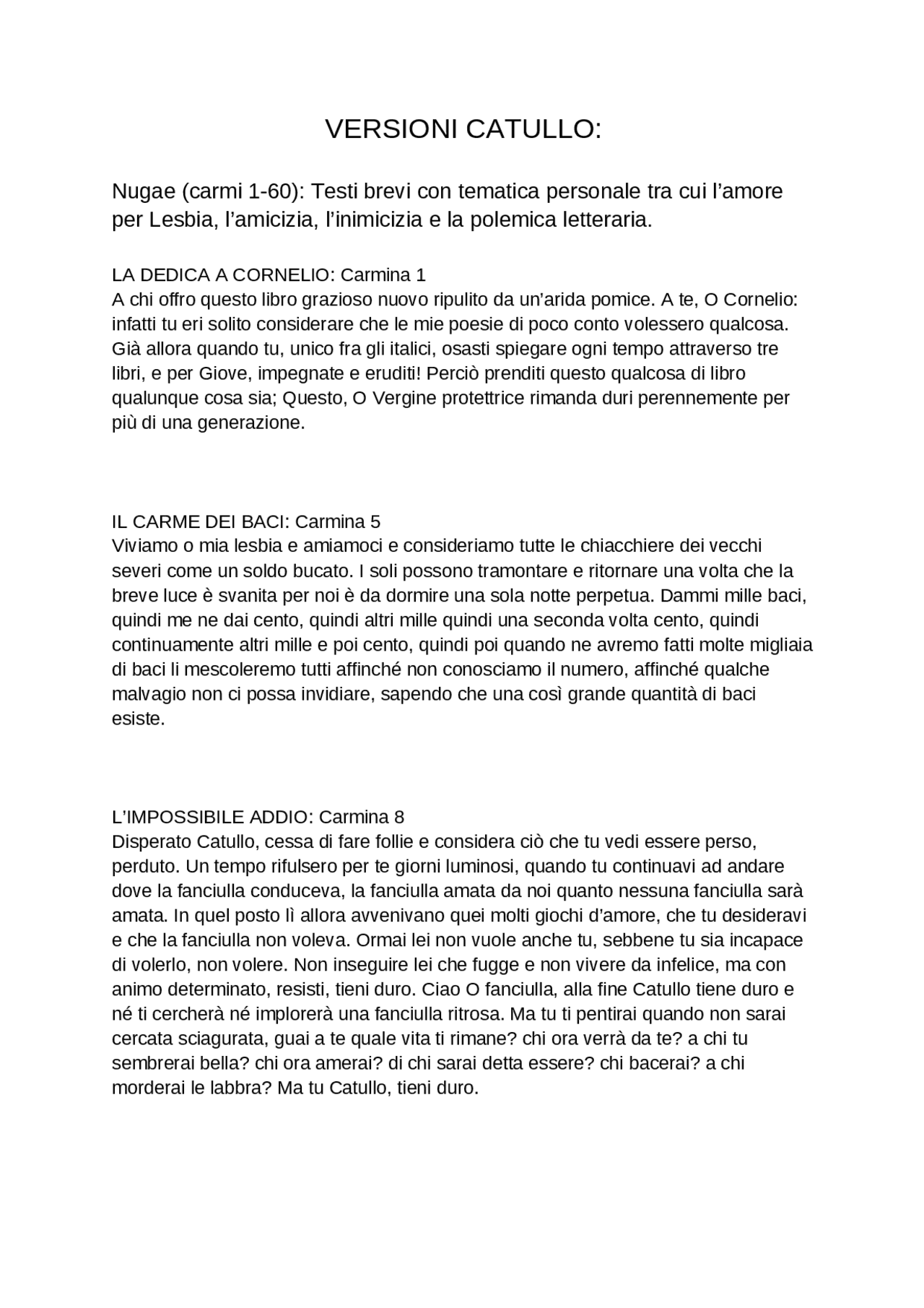 Versioni di Catullo - Latino | Versioni di Latino | Docsity