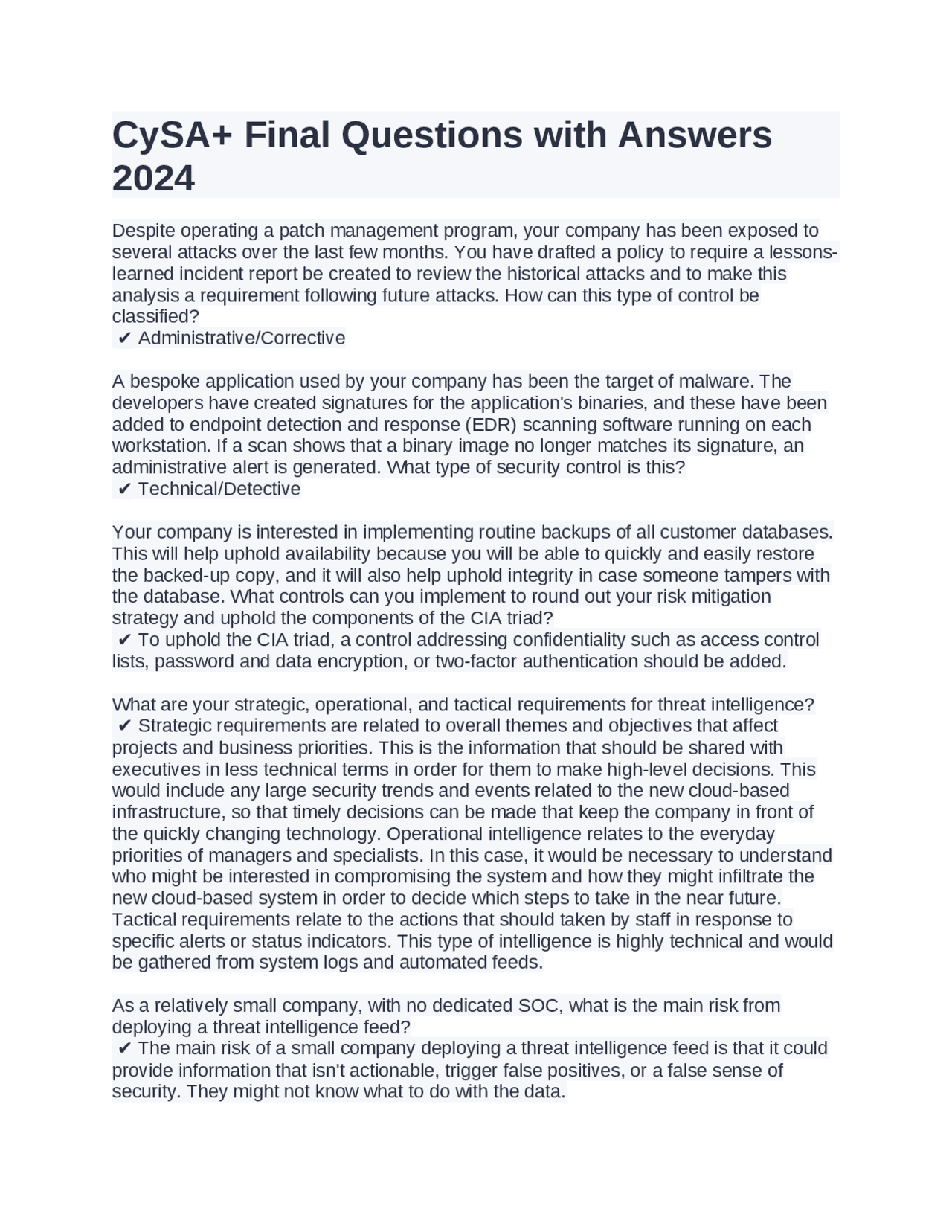 CySA+ Final Questions with Answers 2024 | Exams Computer Science | Docsity