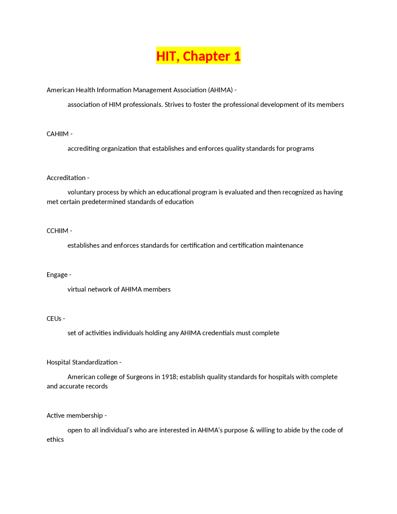 HIT, Chapter 1 HIT, Chapter 1 | Exams Nursing | Docsity