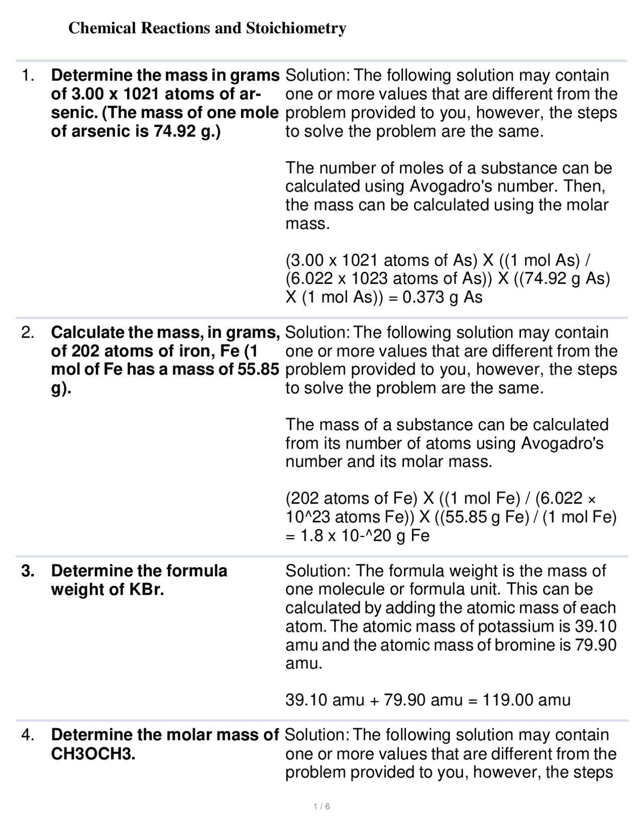 Chemical Reactions and Stoichiometry | Study notes Stoichiometry | Docsity