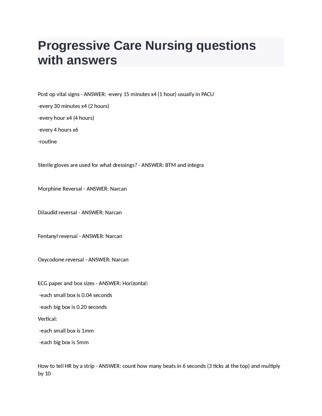 Progressive Care Nursing questions with answers | Exams Nursing | Docsity