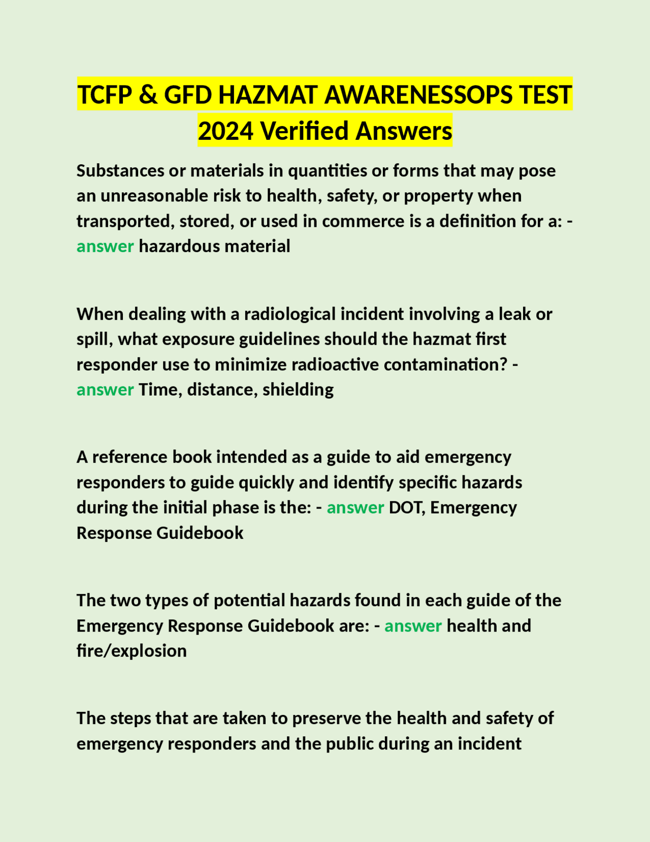 TCFP & GFD HAZMAT AWARENESSOPS TEST 2024 Verified Answers | Exams ...