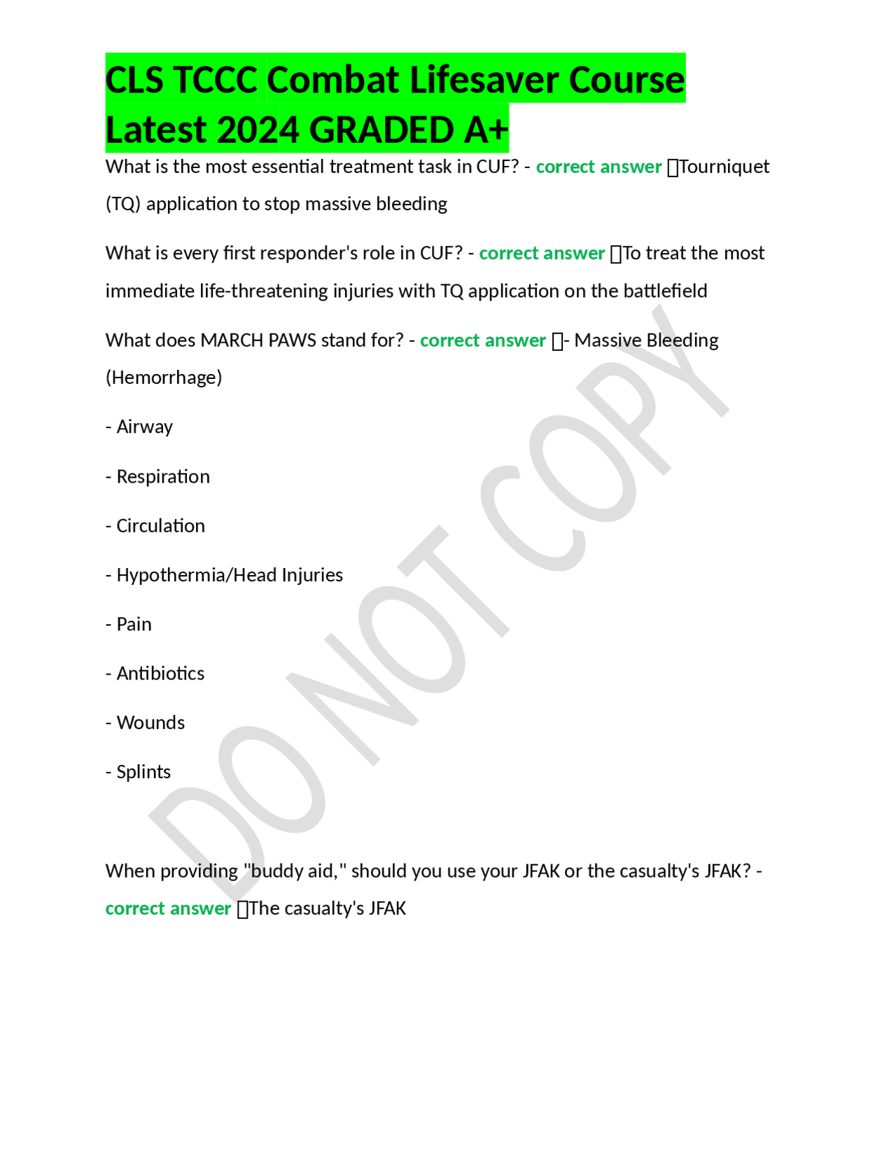 CLS TCCC Combat Lifesaver Course: Latest 2024 Graded A+ | Exams Nursing ...