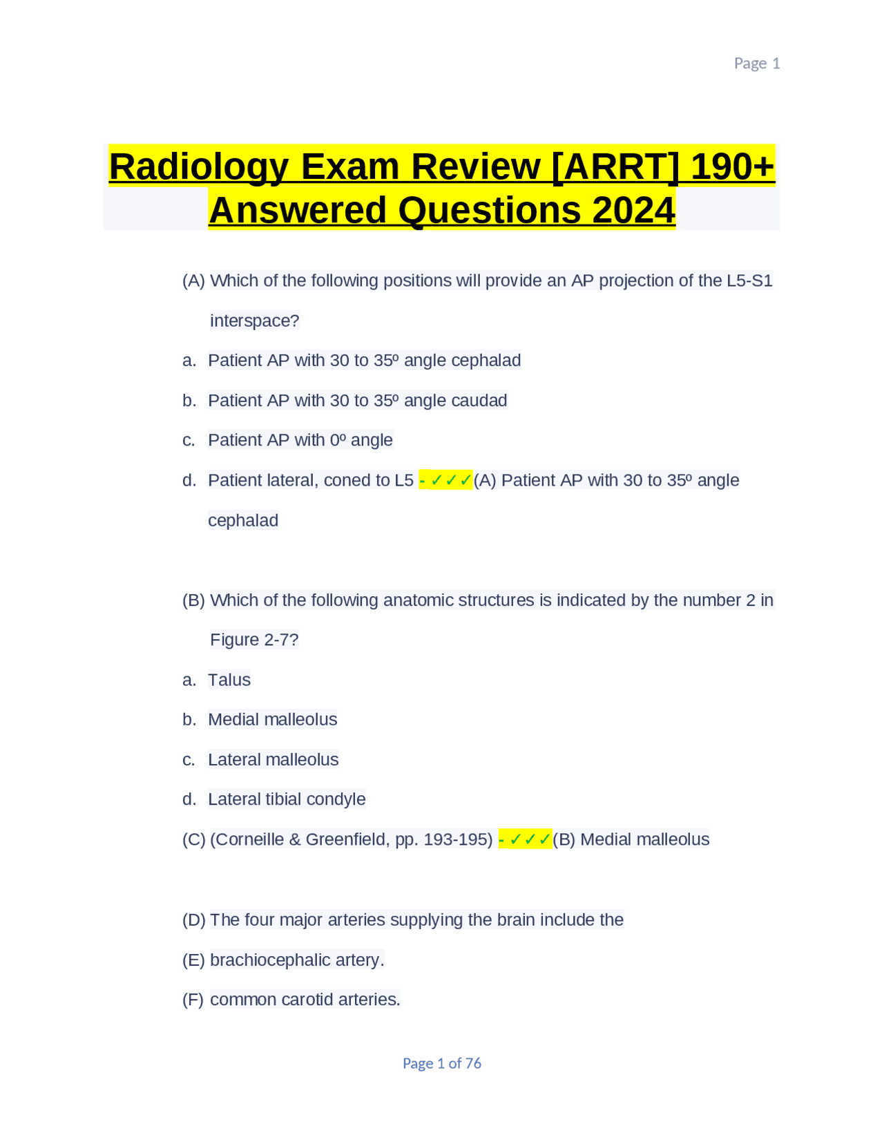 Radiology Exam Review [ARRT] 190+ Answered Questions 2024 | Exams ...