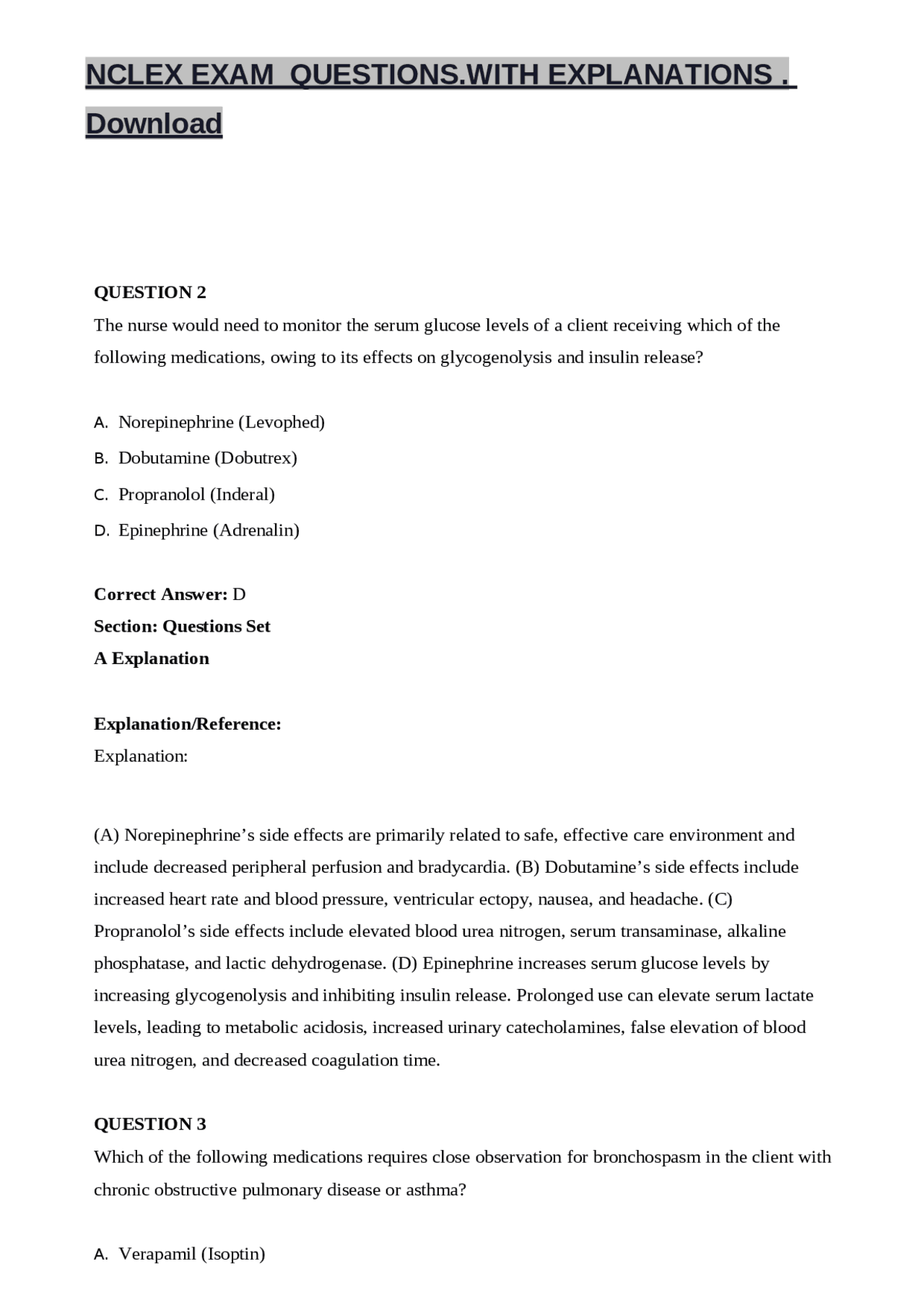 NCLEX EXAM QUESTIONS.WITH EXPLANATIONS . Download | Exams Nursing | Docsity