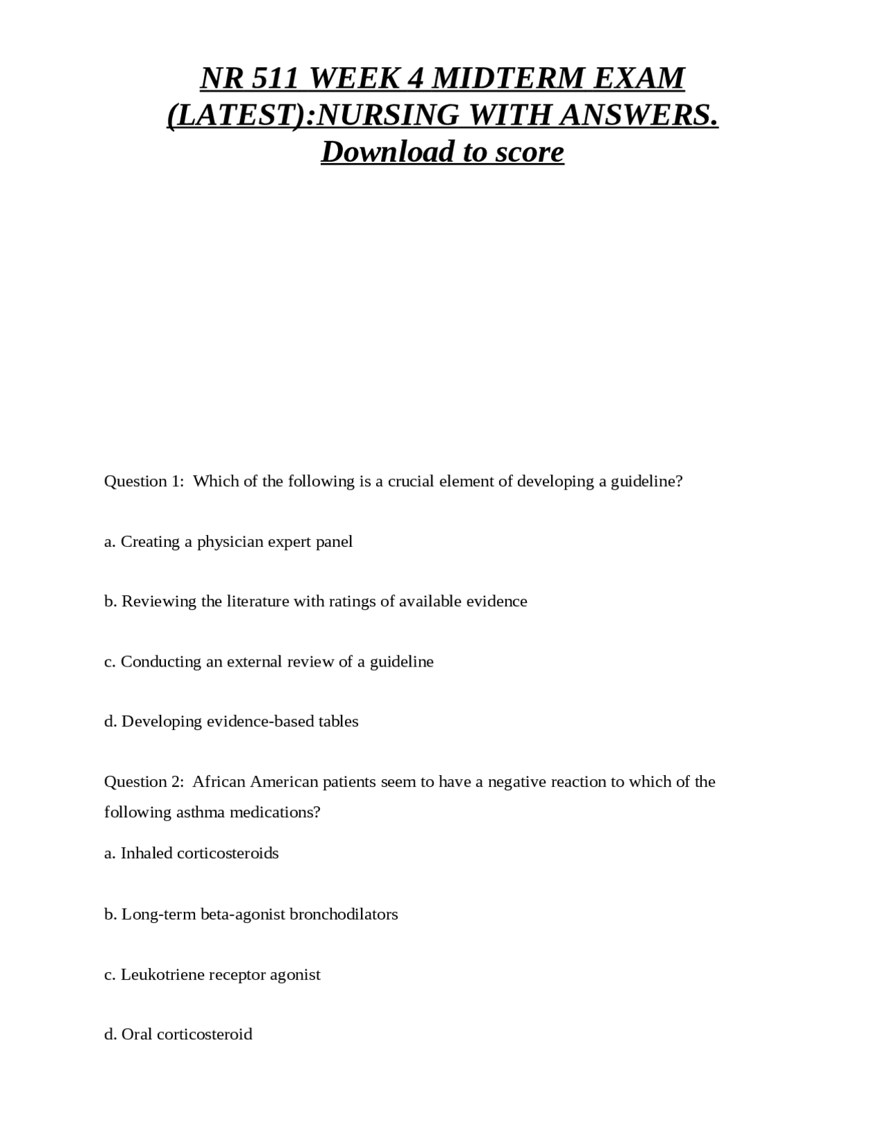 NR 511 WEEK 4 MIDTERM EXAM (LATEST):NURSING WITH ANSWERS. Download to ...
