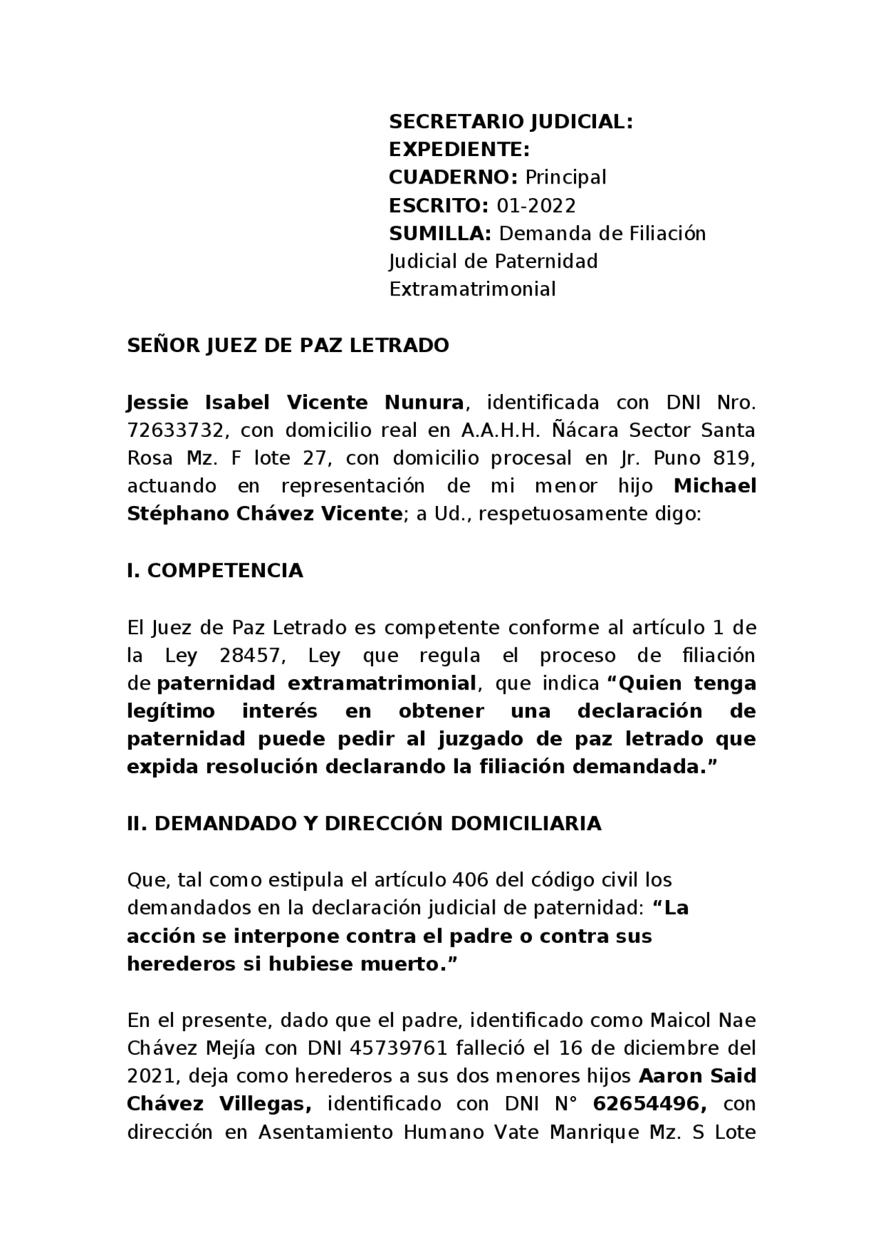 DEMANDA DE FILIACIÓN DE PATERNIDAD EXTRAMATRIMONIAL POST MORTEM ...