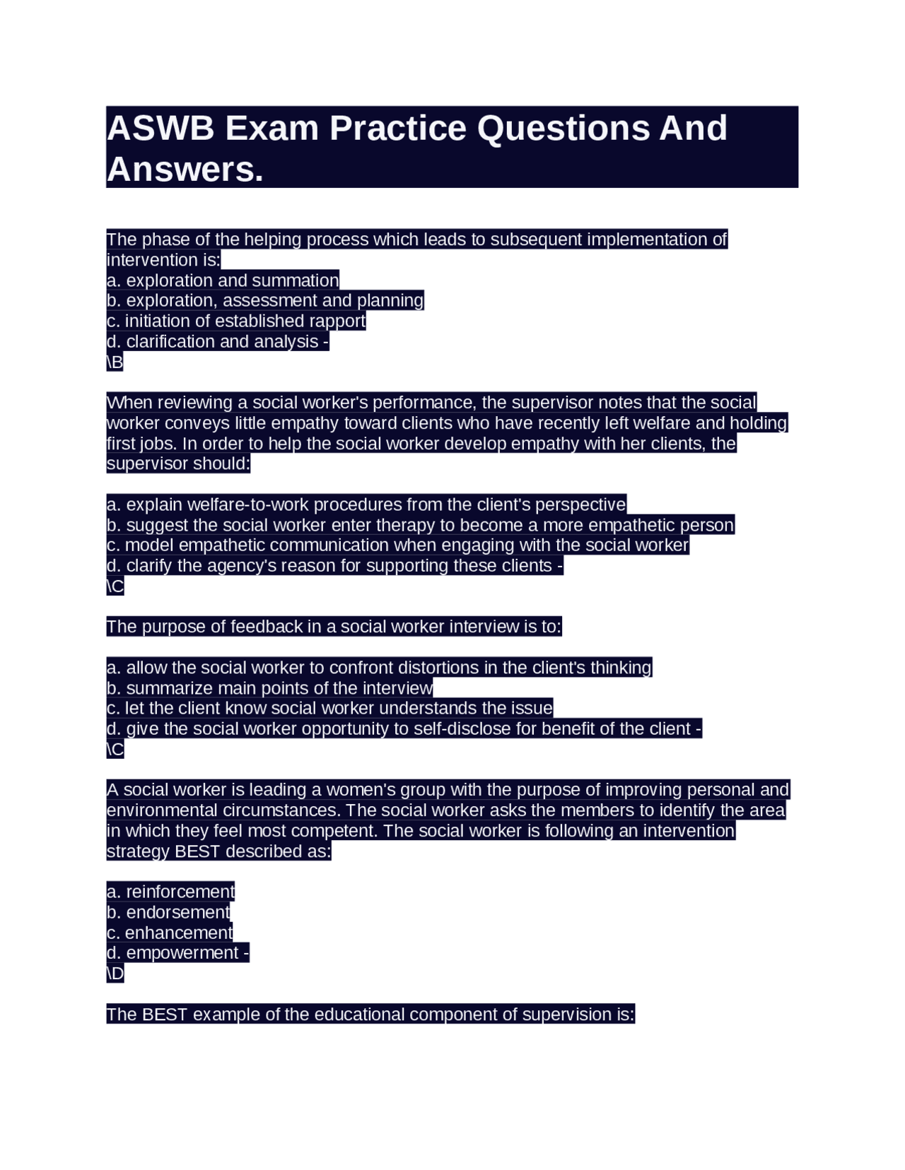 ASWB Exam Practice Questions and Answers: Social Work Practice and ...