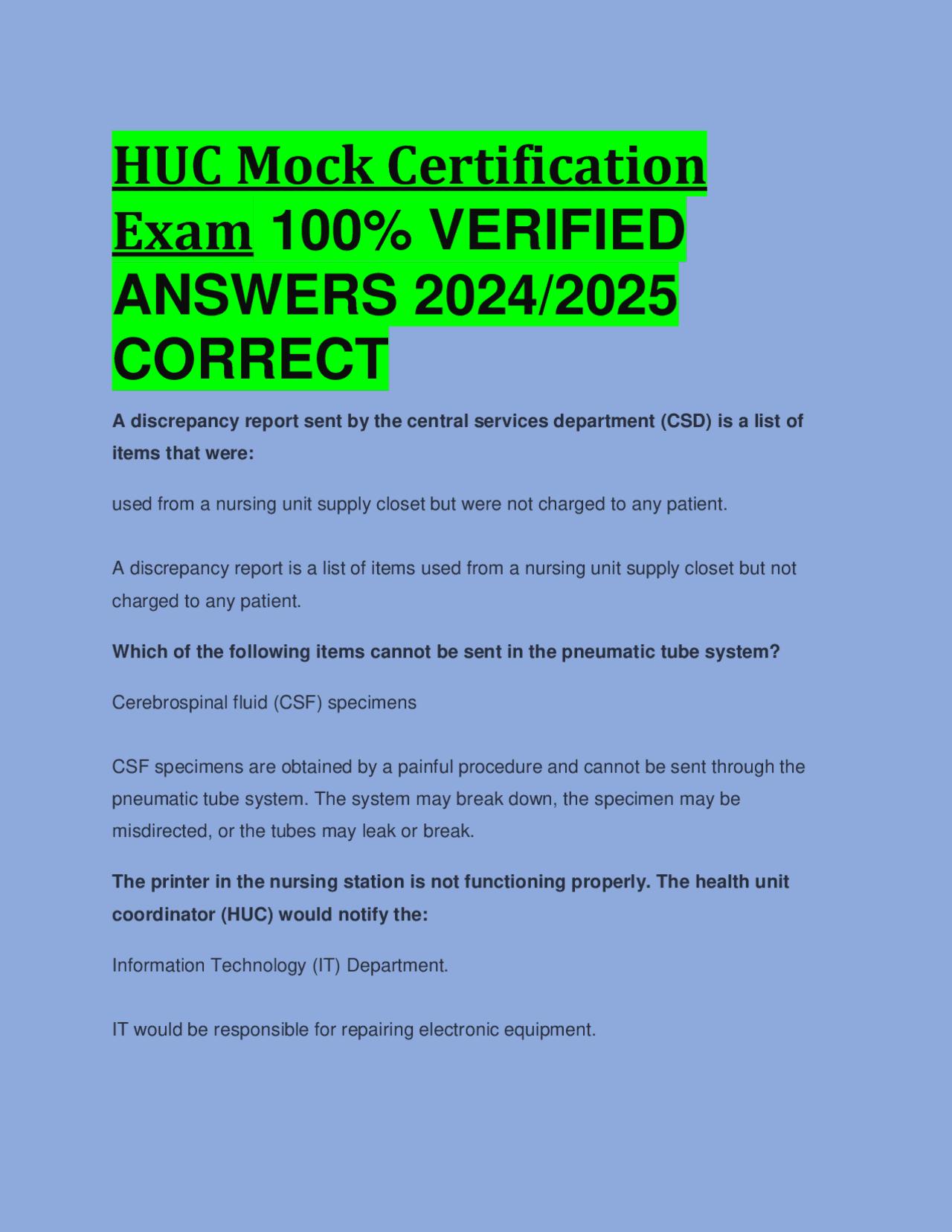 HUC Mock Certification Exam 100% VERIFIED ANSWERS 2024/2025 CORRECT ...