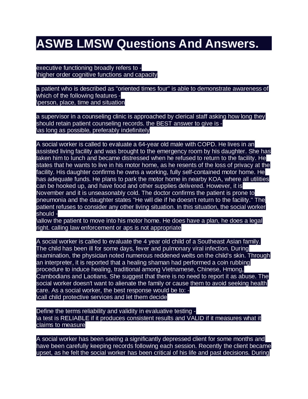 ASWB LMSW Questions And Answers. | Exams Social Work | Docsity