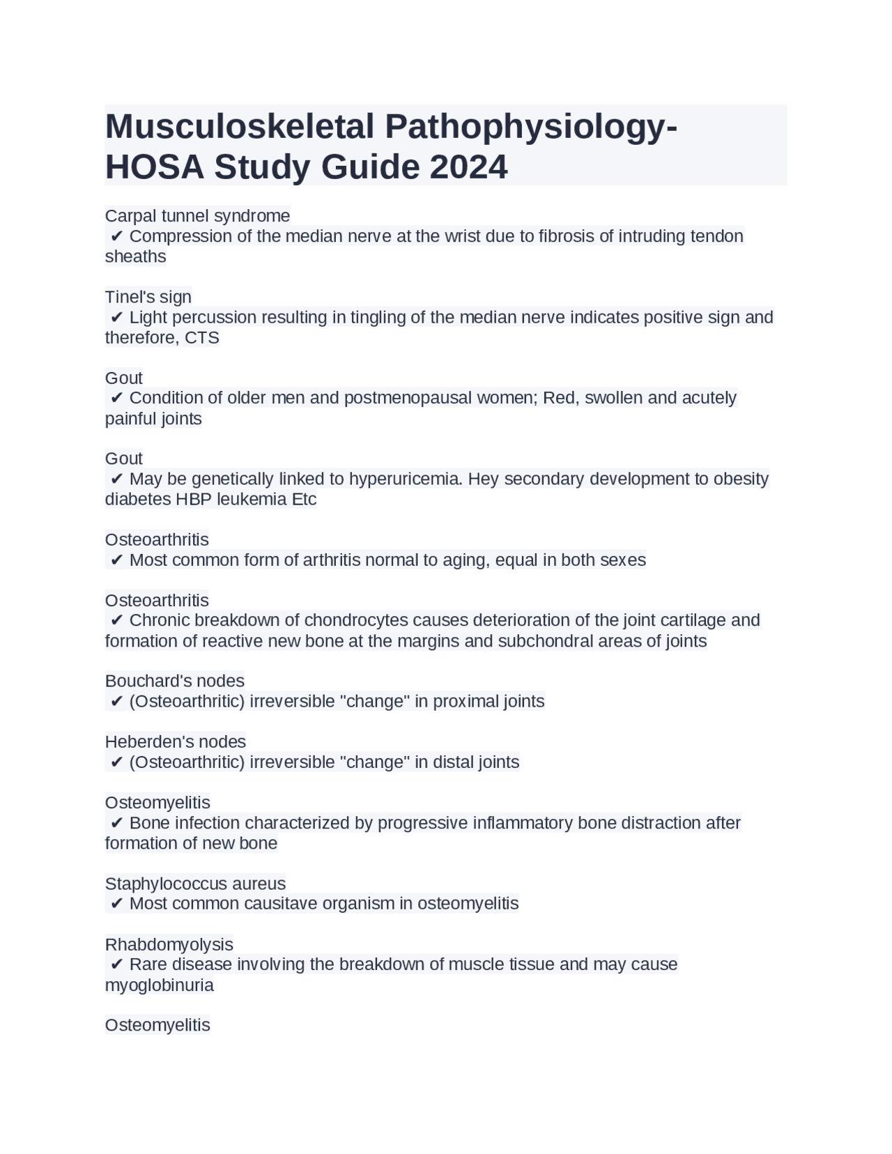 Musculoskeletal Pathophysiology Study Guide for HOSA 2024 | Exams Medicine | Docsity