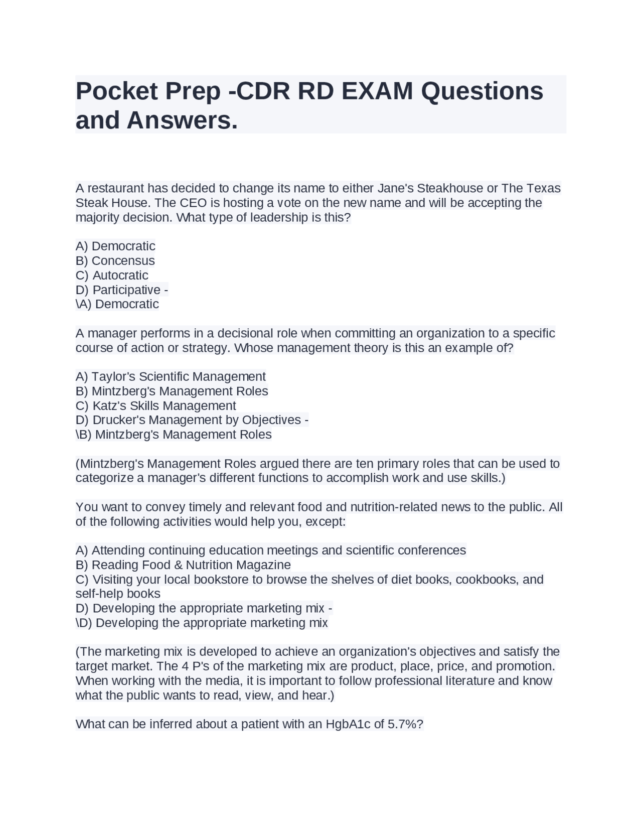 Pocket Prep -CDR RD EXAM Questions and Answers. | Exams Medicine | Docsity