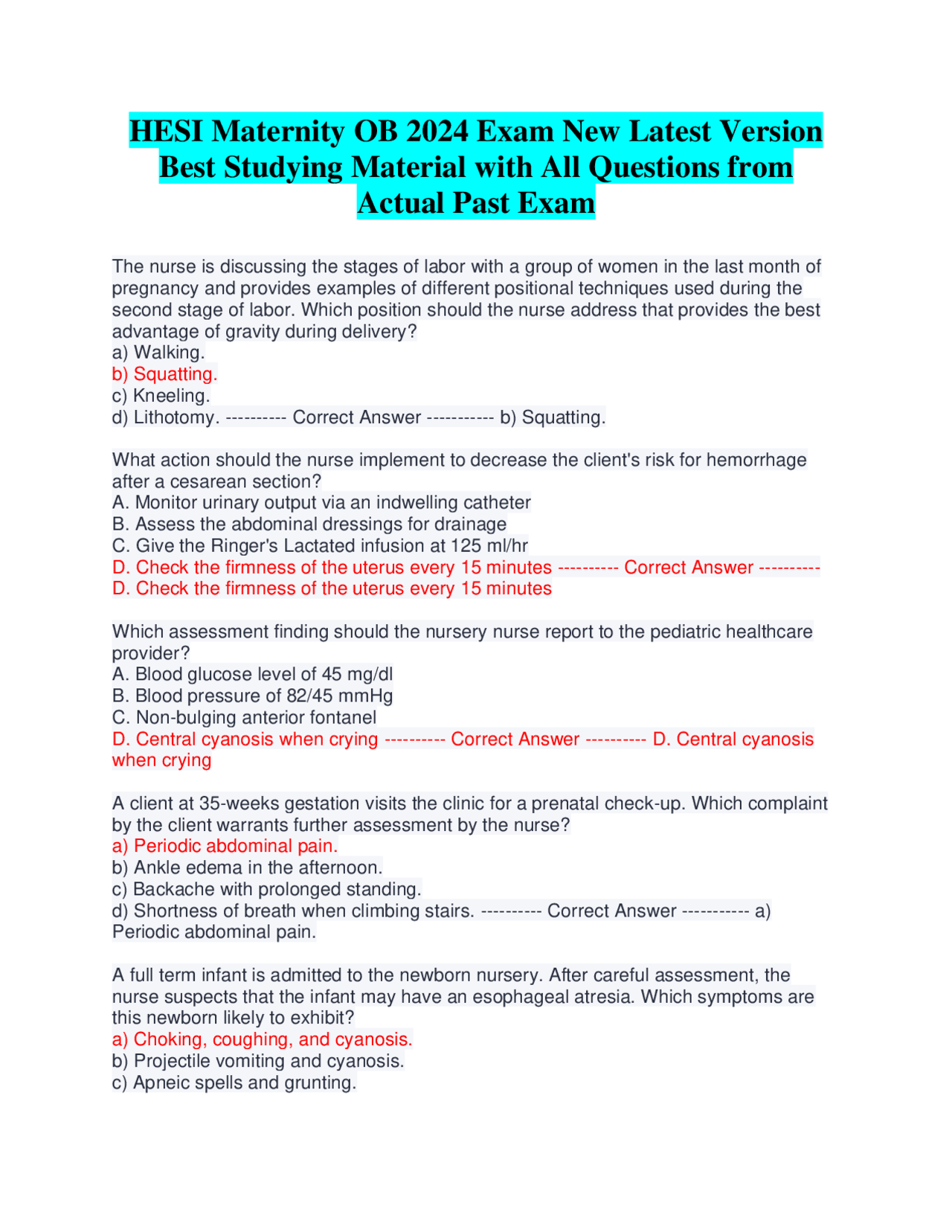 HESI Maternity OB 2024 Exam Study Guide | Exams Nursing | Docsity