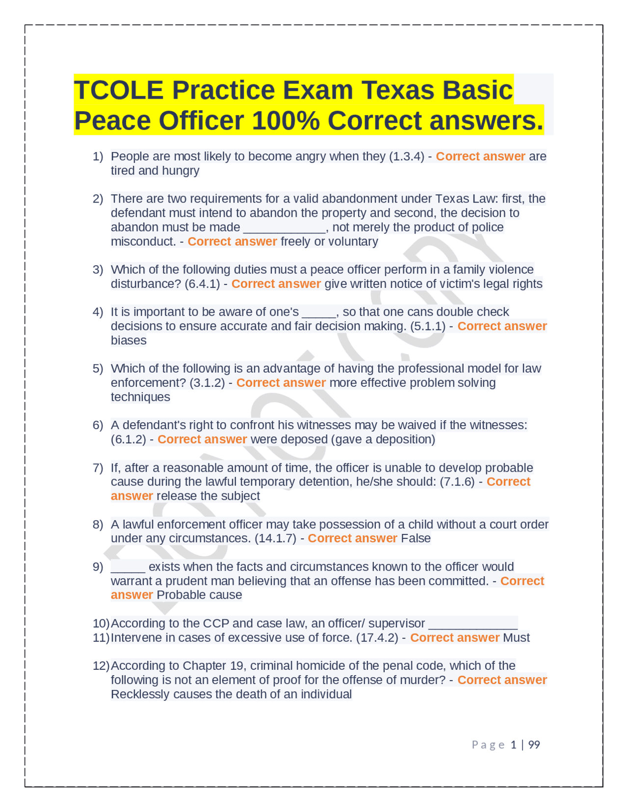 TCOLE Practice Exam Texas Basic Peace Officer 100% Correct answers ...