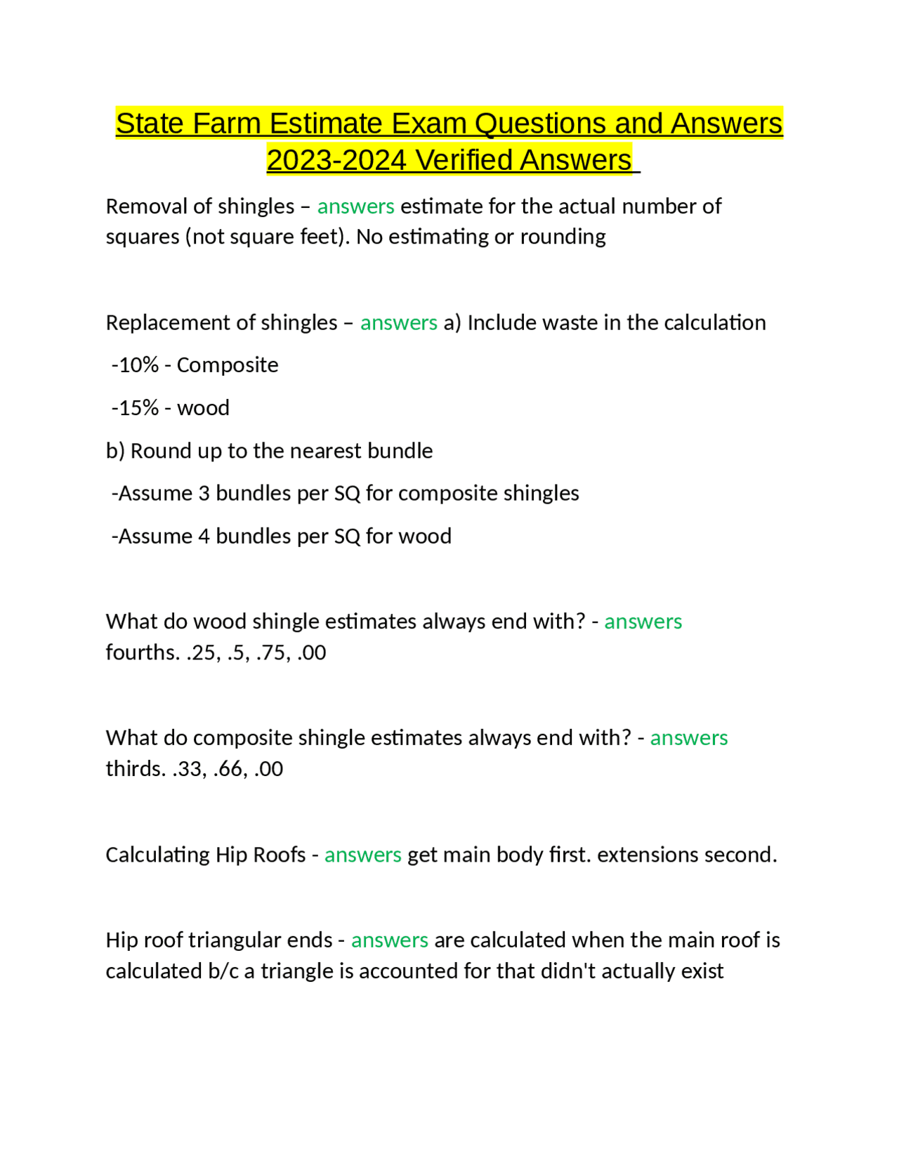 State Farm Estimate Exam Questions and Answers 2023-2024 Verified ...