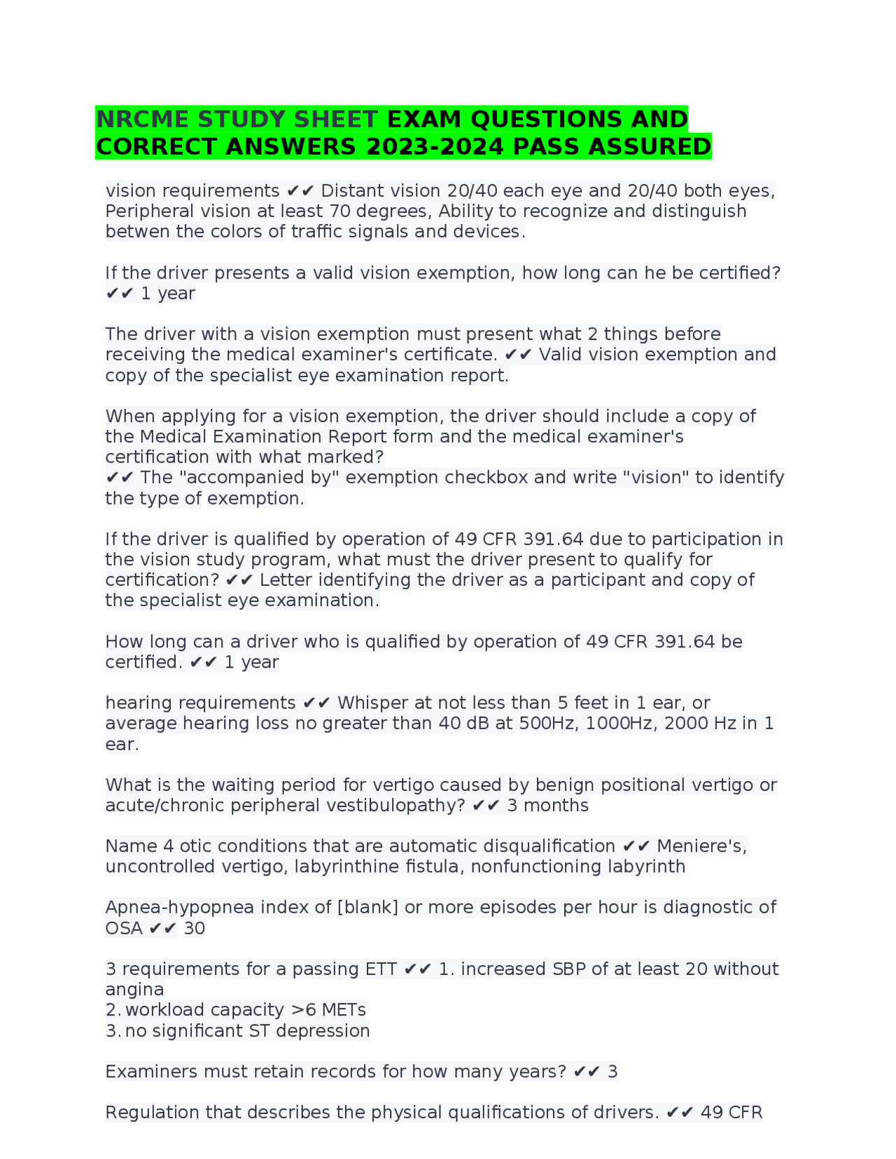 NRCME STUDY SHEET EXAM QUESTIONS AND CORRECT ANSWERS 2023-2024 PASS ...