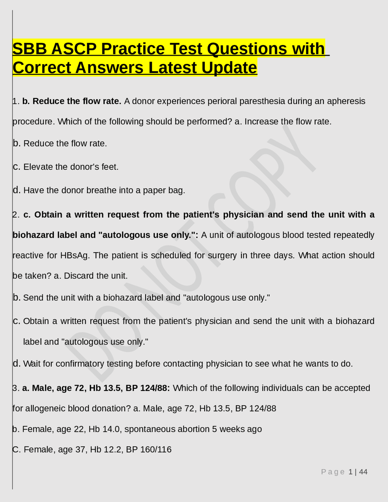 SBB ASCP Practice Test Questions with Correct Answers Latest Update ...