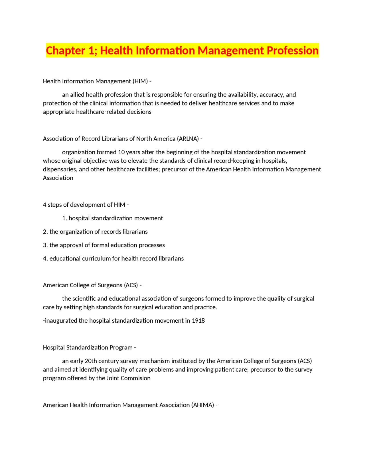 Chapter 1; Health Information Management Profession | Exams Nursing ...